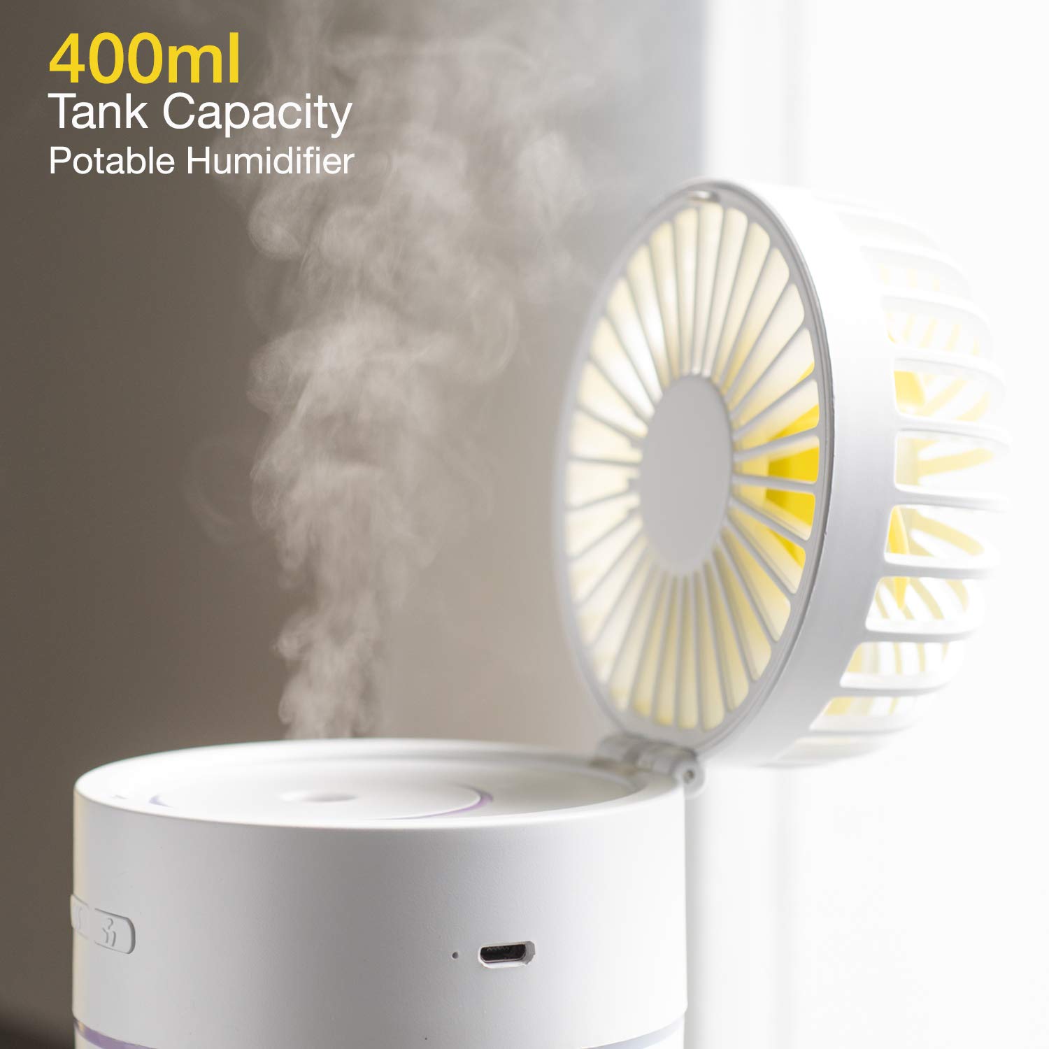 Sciobella Mini Portable Cool Mist Humidifier with Fan for Bedroom Office Desk Travel Car Hotel 400ml 2 Mist Mode 7 LED Night Light 3 Fan Speed Setting USB Rechargeable Auto Shut-off