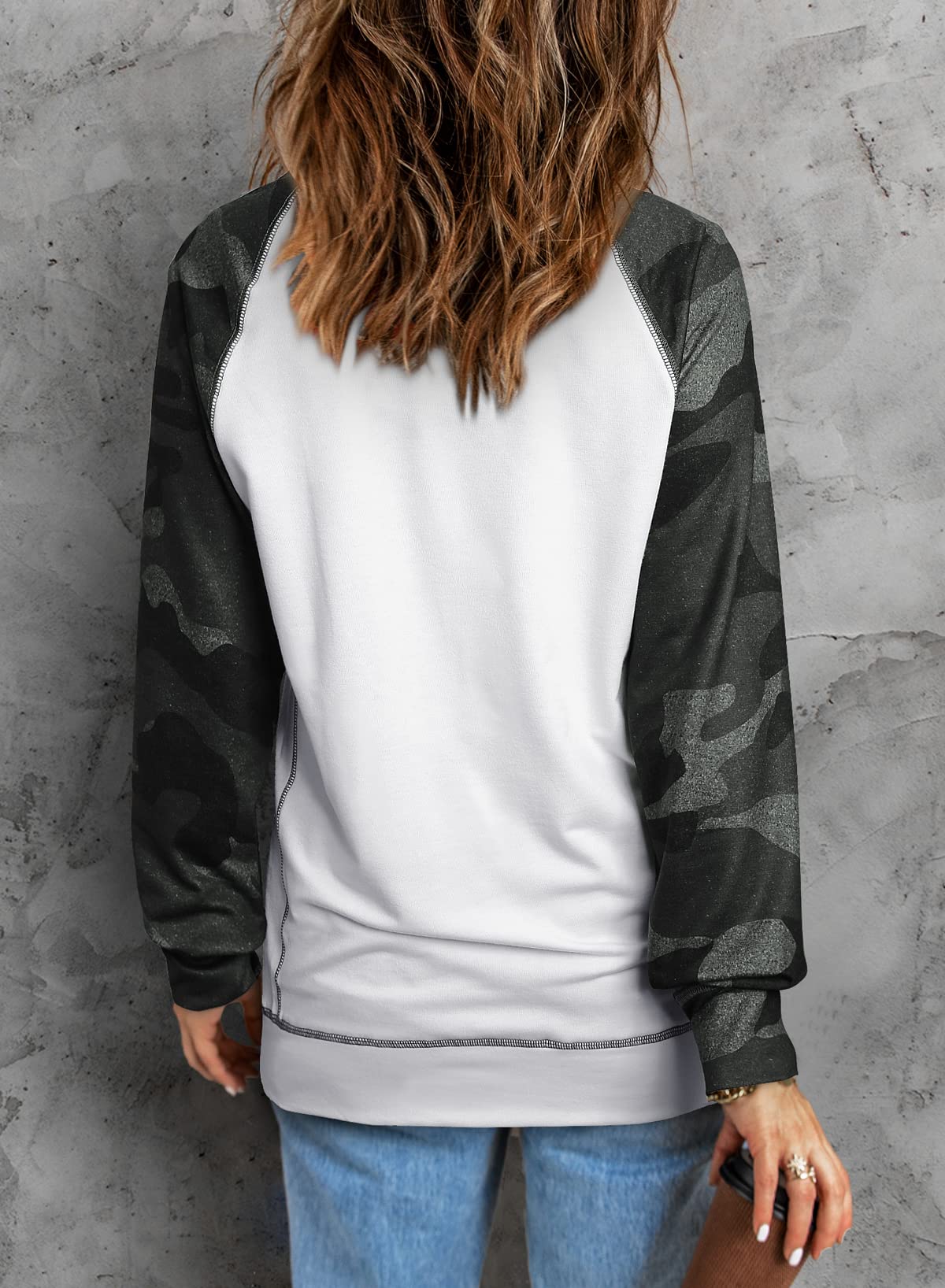 Sidefeel Women Crewneck Pullover Camo Print Sleeve Sweatshirt Jumper Top Small White