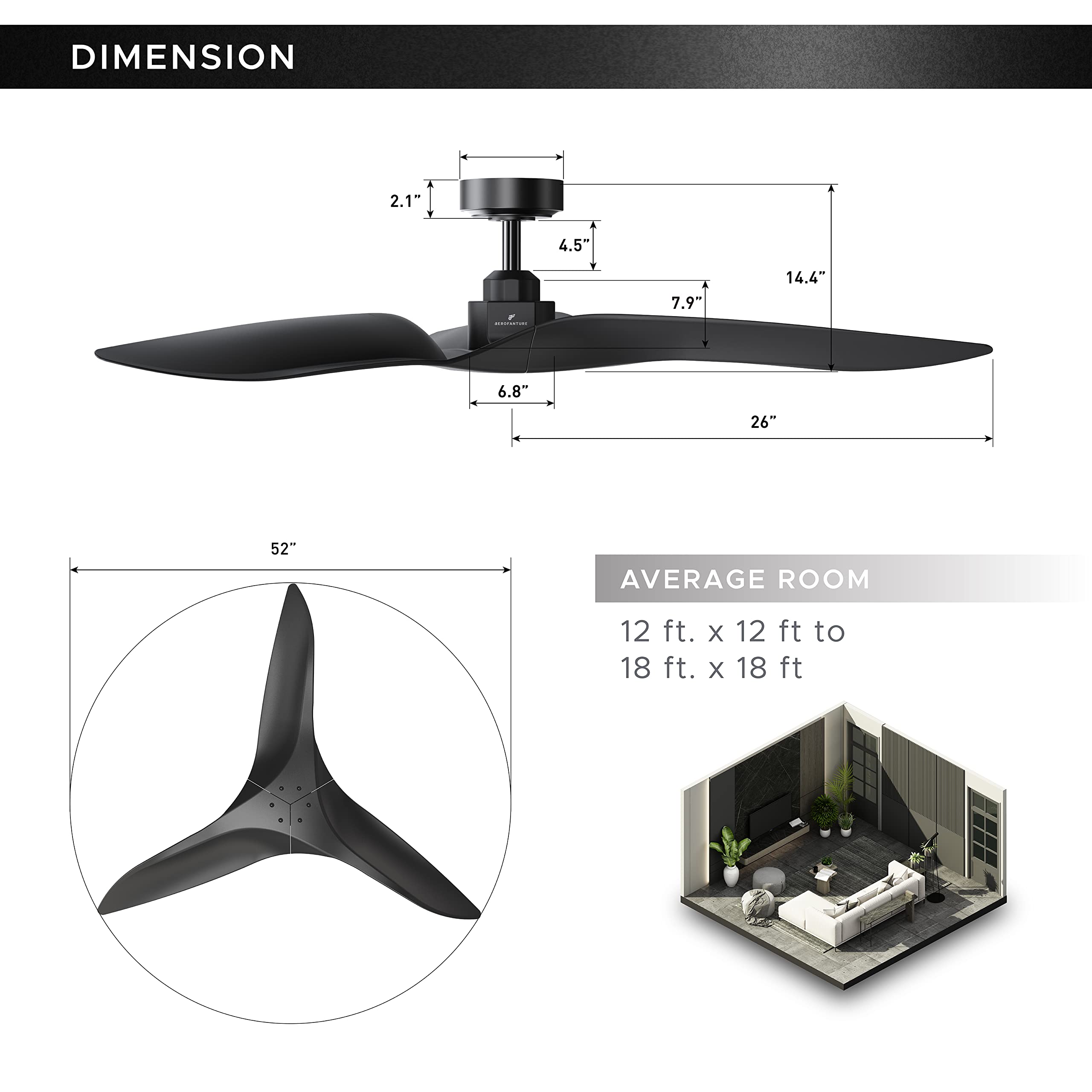 Parrot Uncle Ceiling Fans with Remote Control Modern Black Ceiling Fans No Light for Bedroom Outdoor Ceiling Fans for Patios Covered, 56 Inch