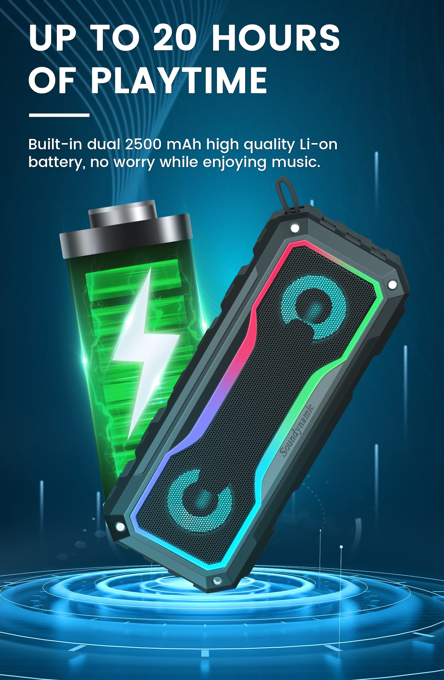 soundynamic Portable Bluetooth Speaker, Twinkle Wireless Speaker with 20H Playtime, Low Bass, IPX7 Waterproof, True Wireless Stereo Pairing, Mixed Colors Lights for Home, Party, Beach, Travel - Black