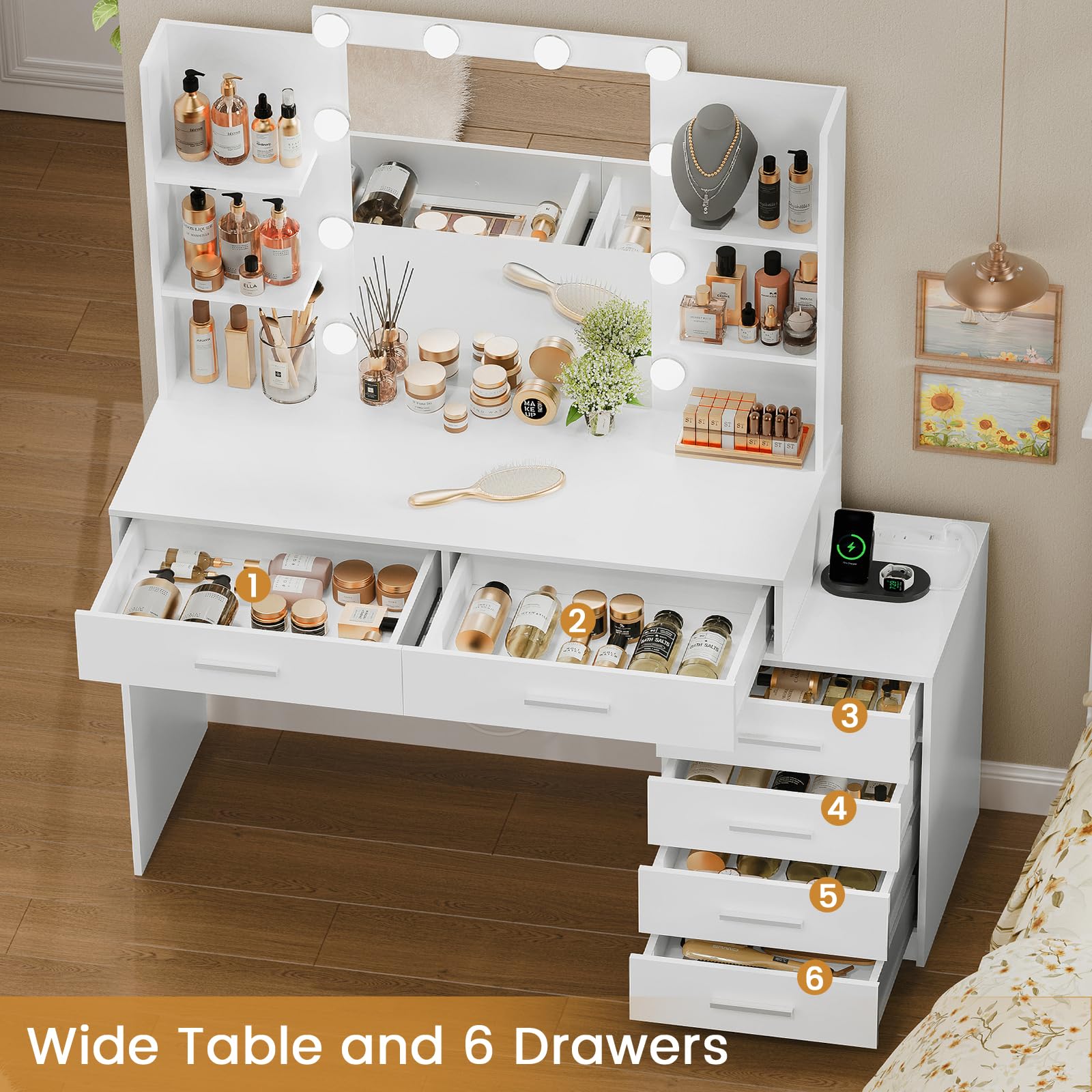 Quimoo 48" Large Vanity Desk with Mirror & Lights, Makeup Vanity Table with 6 Drawers & Power Outlet, 4 Open Storage Shelves, Vanity Desk Set with Stool, for Women Girls, White