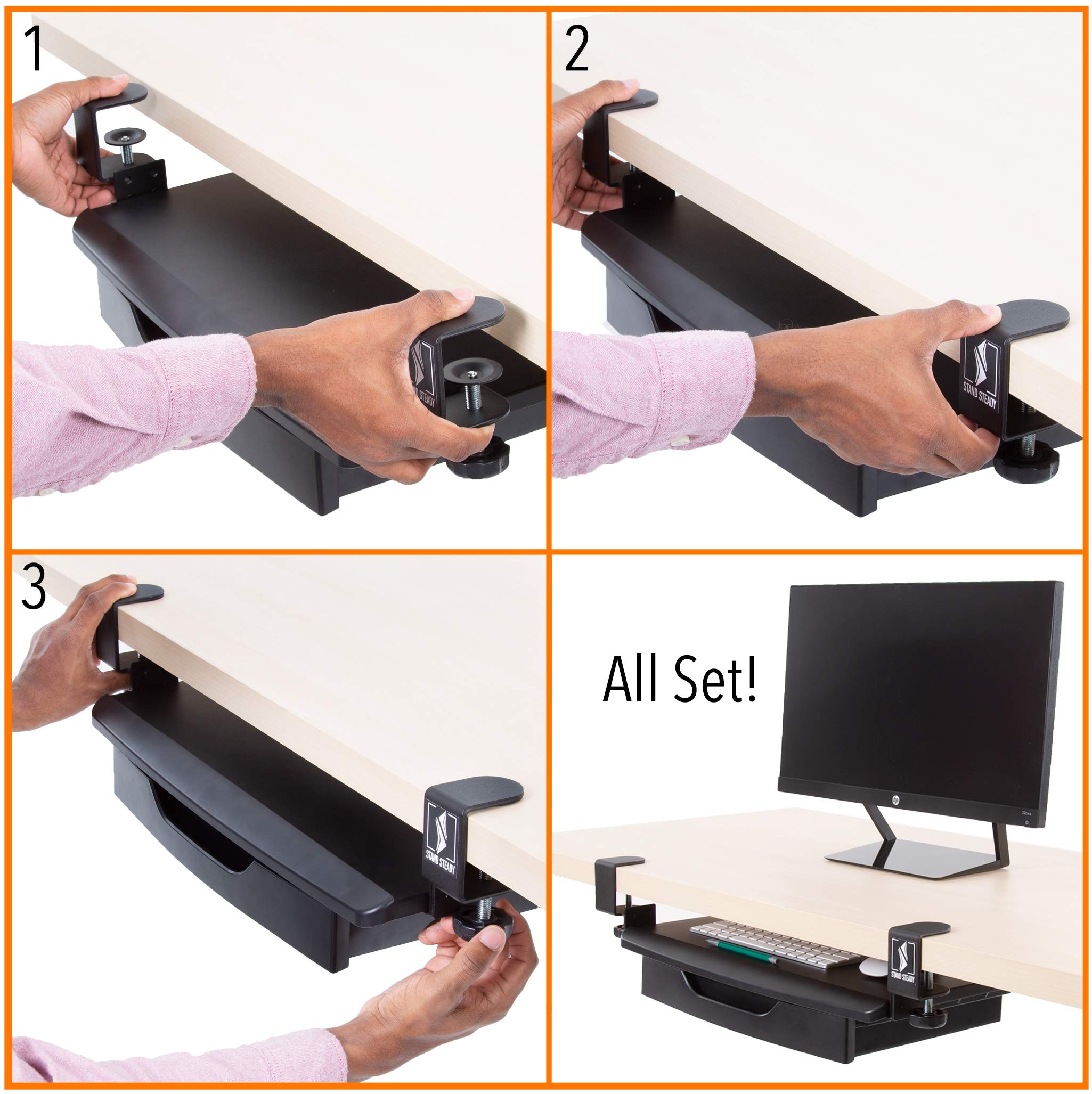 Stand Steady Clamp On Keyboard Tray with Drawer | Two in One | Under Desk Storage w/Damage-Free Easy Installation - No Drilling Needed | 3 Compartment Organizer w/Removable Dividers (24.5 x 11.8)