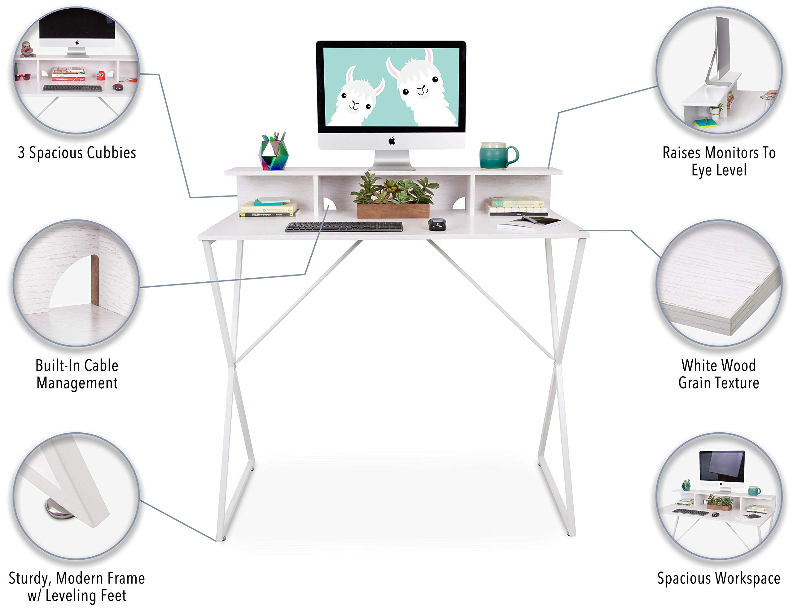 Stand Steady Joy Standing Desk | Pretty Standing Desk with Shelf & Built-in Storage Cubbies | Modern Stand Up Workstation | Tall Desk & Reception Table for Home, Dorm & Office (White / 48in x 42in)