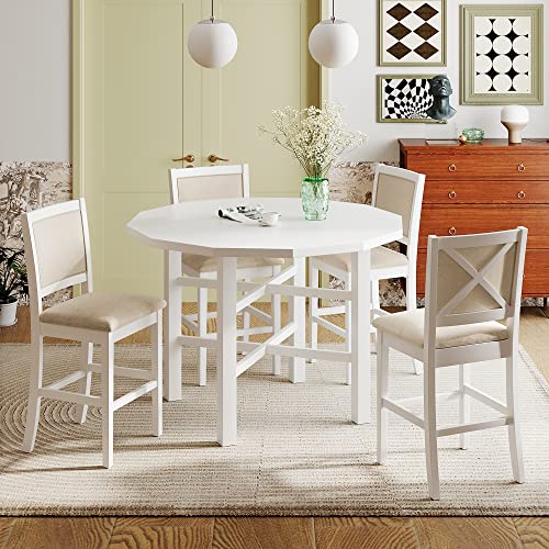 Prohon 5-Piece Dining Table Set for 4 with Irregular Dinertable,4 Upholstered Chairs with High-Back Cushioned and Double X-Shape Wood Legs,Counter Height Furniture for Small Place/Kitchen/Living Room