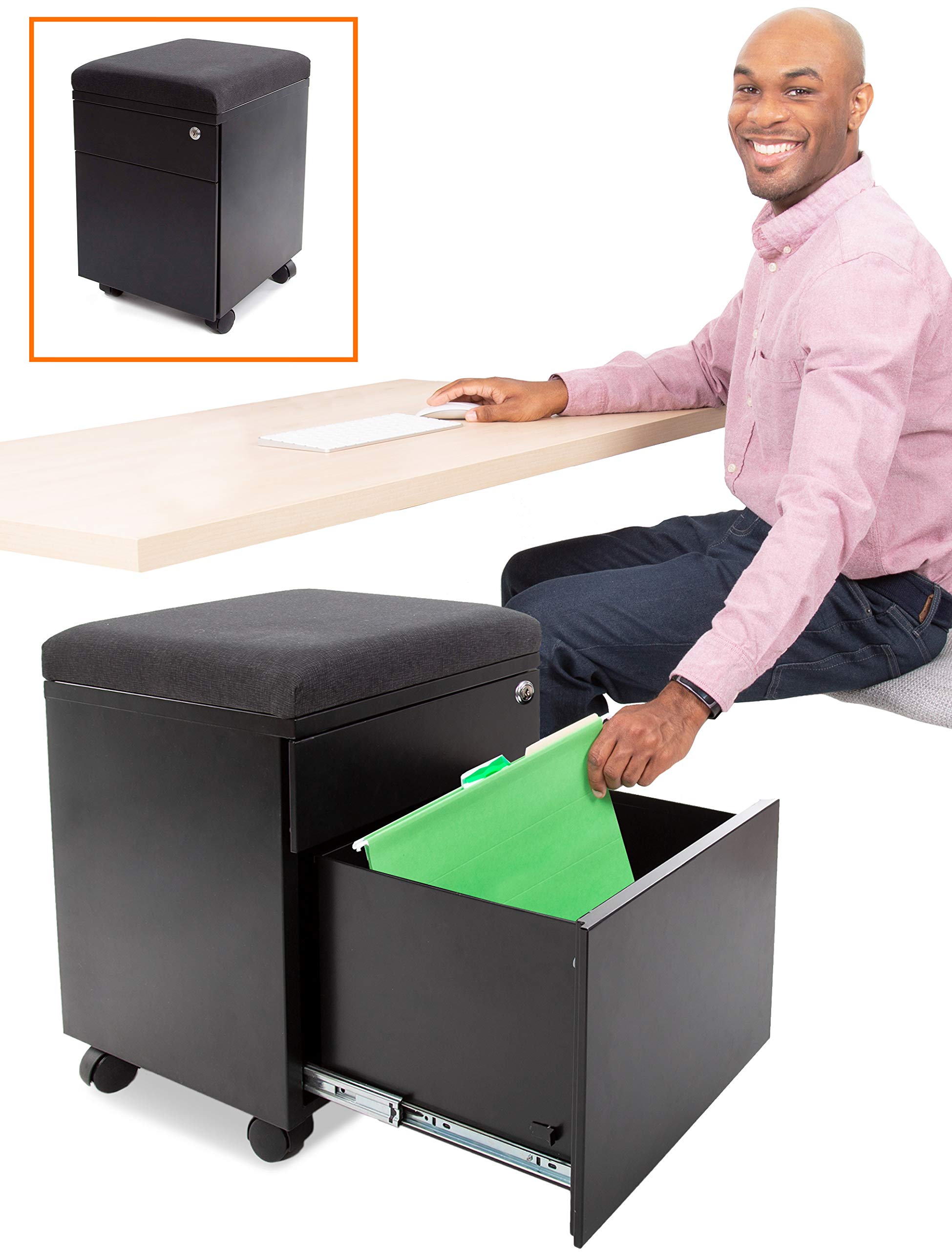 Stand Steady Vert | Rolling File Cabinet | 2 Drawer Mobile File Cabinet with Locking Storage | Small Filing Cabinet with Cushion Top for an Extra Place to Sit | Perfect for Home & Office! (White)