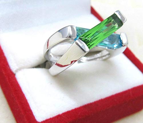 R98S 4.0ct. Blue & Green Helenite Floating Crossover Sterling Silver Modern Ring (9)
