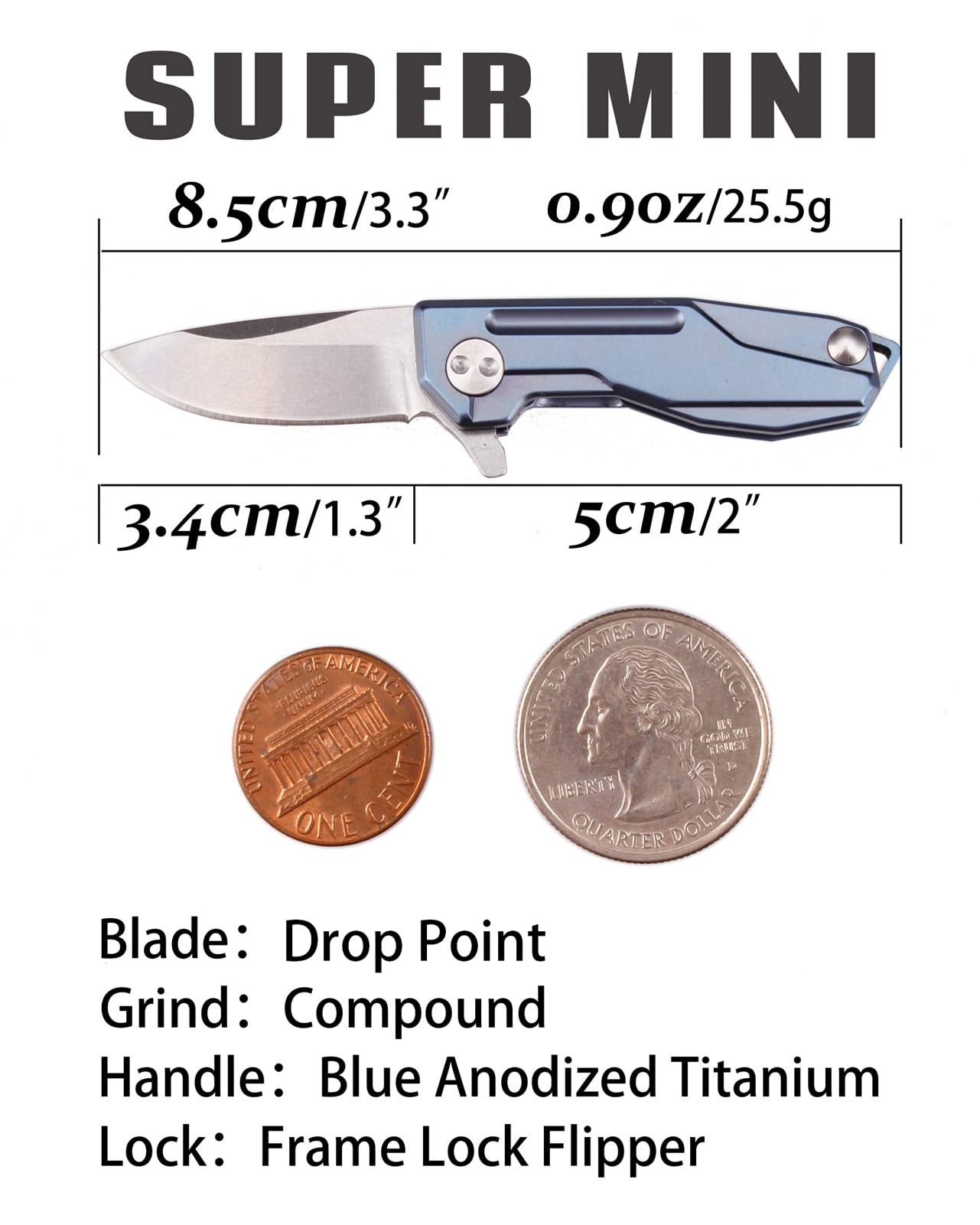 Samior HY002 Ultra Small Little Folding Pocket Flipper Knife, 1.3β D2 Damascus Blade, Blue Titanium Handle with Frame Lock, Mini EDC Keychain Necklace Knives (Blue)