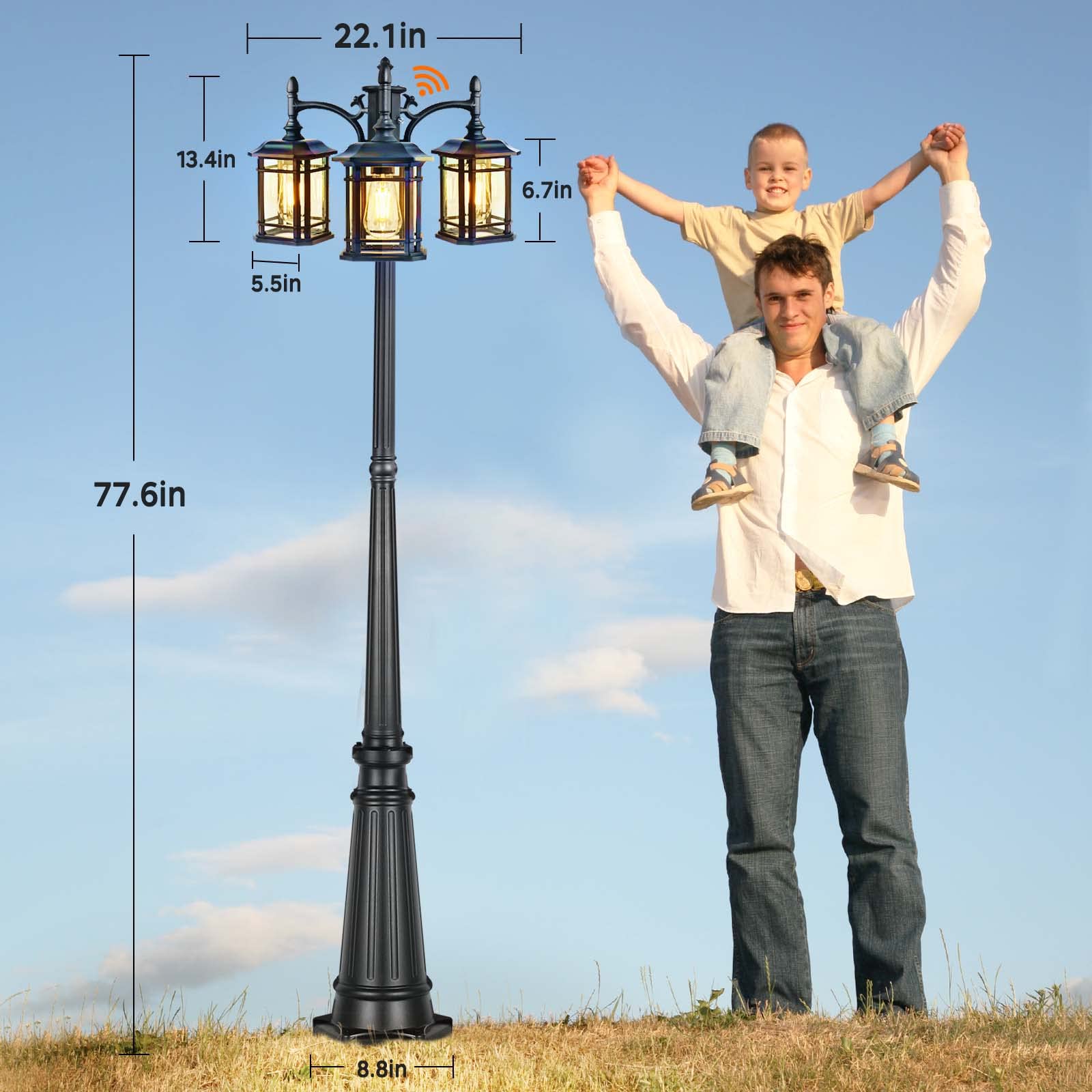 PARTPHONER Dusk to Dawn Outdoor Lamp Post Lights, Black Light Pole with Clear Glass Panels (3 LED Bulbs Included), 3-Head Hardwired Waterproof Outside Street Lights for Backyard Garden Driveway