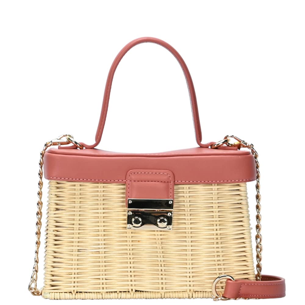 Top-Handle Structured Rattan Straw 2-Way Boxy Satchel Purse Handbag Crossbody (Moss)