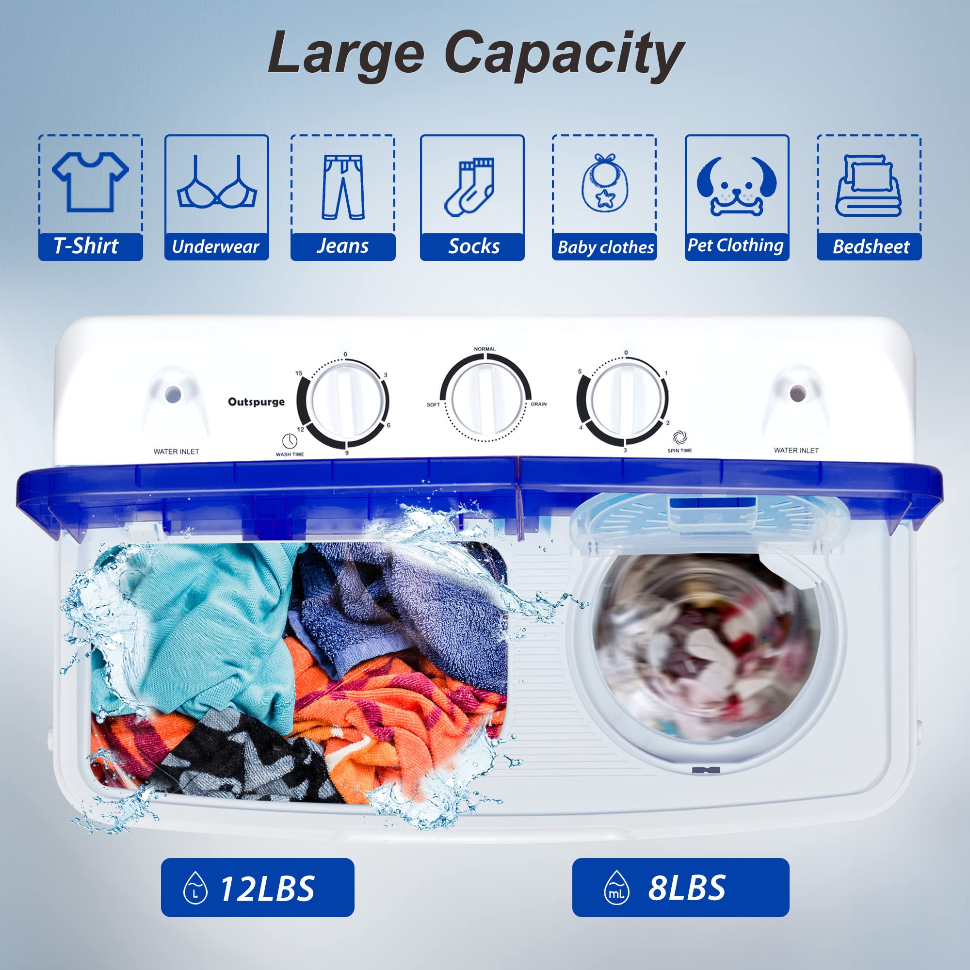 Spurgehom Mini Twin Tub Portable Washing Machine, 20 lbs Large Capacity Washer and Dryer Combo for RV Camping, Apartment, Dormitory, Home, Washing Machine for Students & Tenants,Blue & White