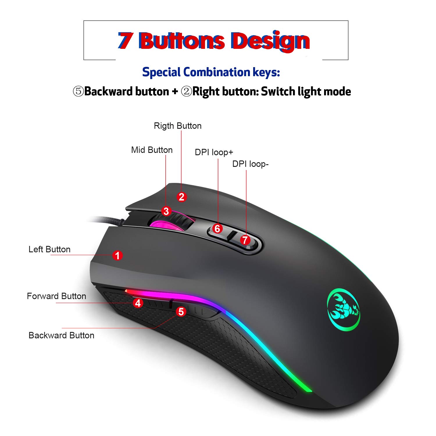 TKOOFN RGB Gaming Mouse, 6 DPI (1000/1600/2400/3200/4800/7200) Optical LED Wired Mouse with Programmable 7 Keys RGB Marquee Effect Light, Ideal for Computer Games & Daily Use