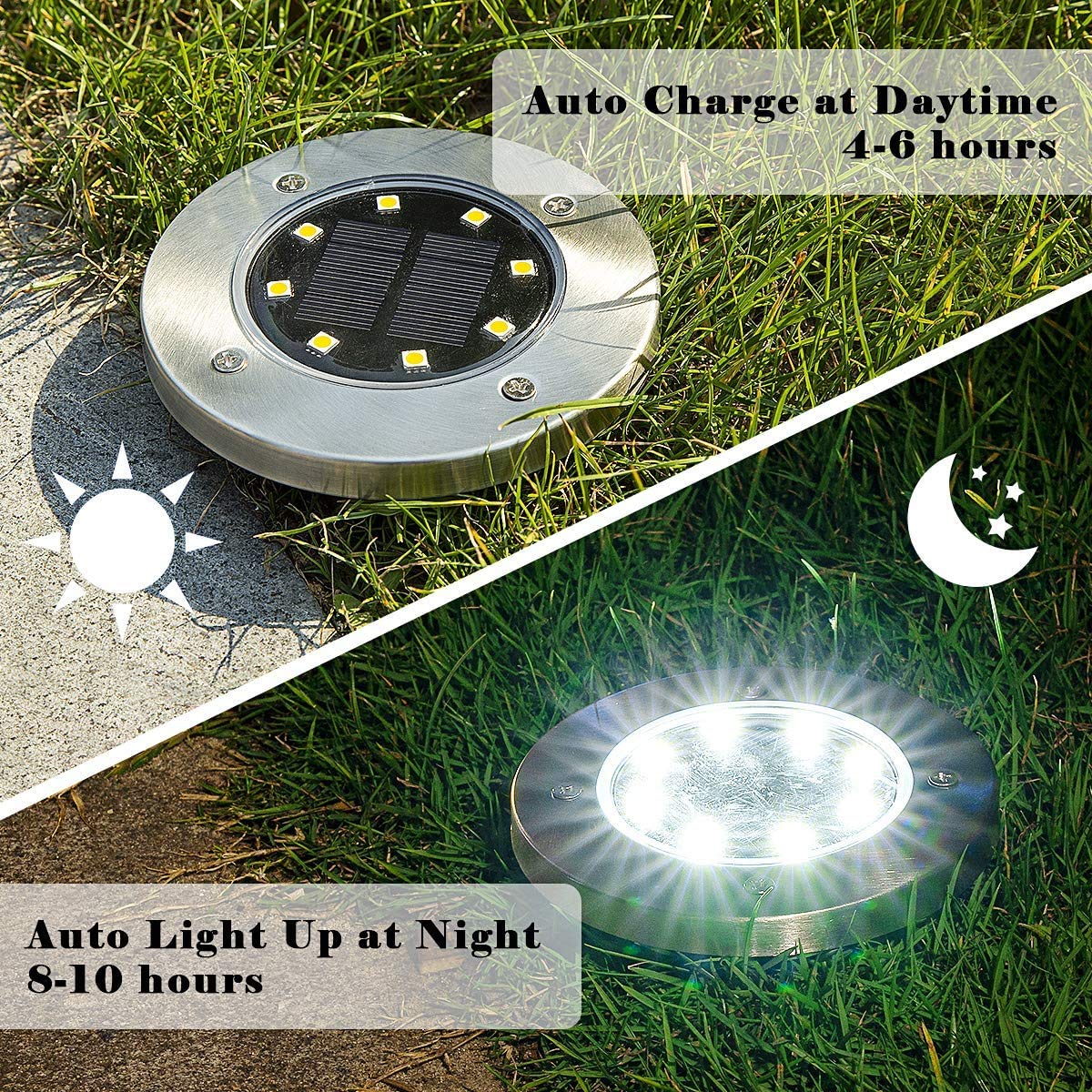 Solar Ground Lights, 8 LED Solar Garden Lights, Outdoor Solar Disk Lights, Waterproof In-Ground Lights, Landscape Lights for Pathway, Yard, Deck, Patio, Walkway, 12 Packs, Cold White