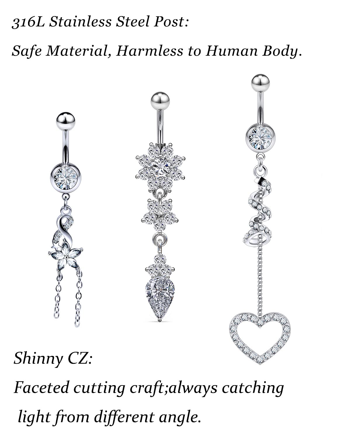 Vsnnsns Belly Button Rings, 7Pcs 14G Stainless Steel CZ Opal Long Dangle Piercing Jewelry for Women Men, Silver