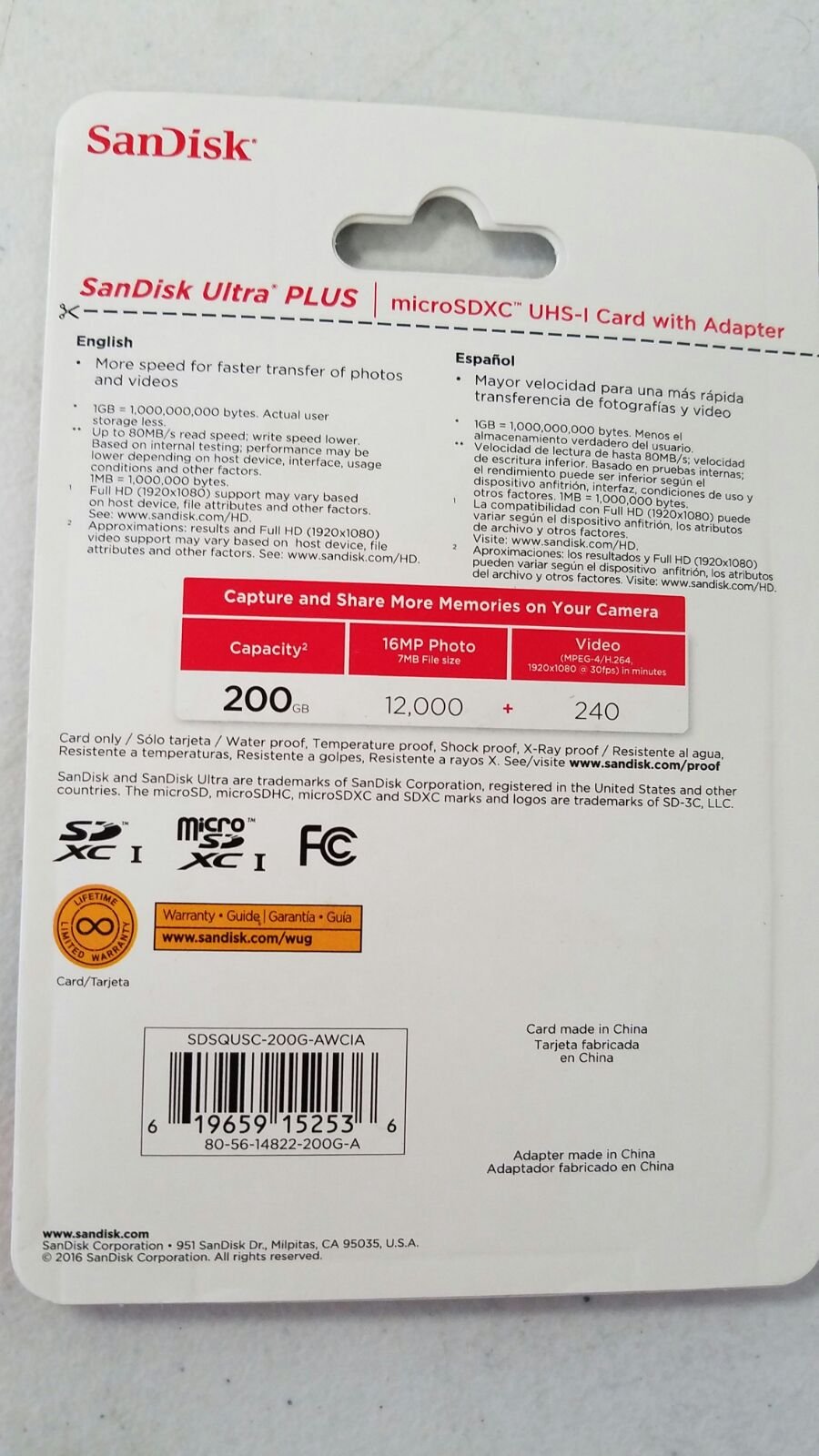 SanDisk 200 GB Ultra Plus Micro SDXC UHS-I Card with Adapter SDSQUSC-200G-AWCIA