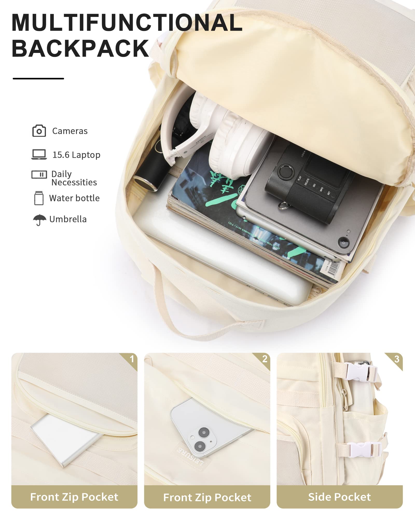 VGOCO Backpack for Women Mens, Casual Travel Daypack,Waterproof Rucksack with laptop compartment Small Lightweight Work Bag for Women Men White