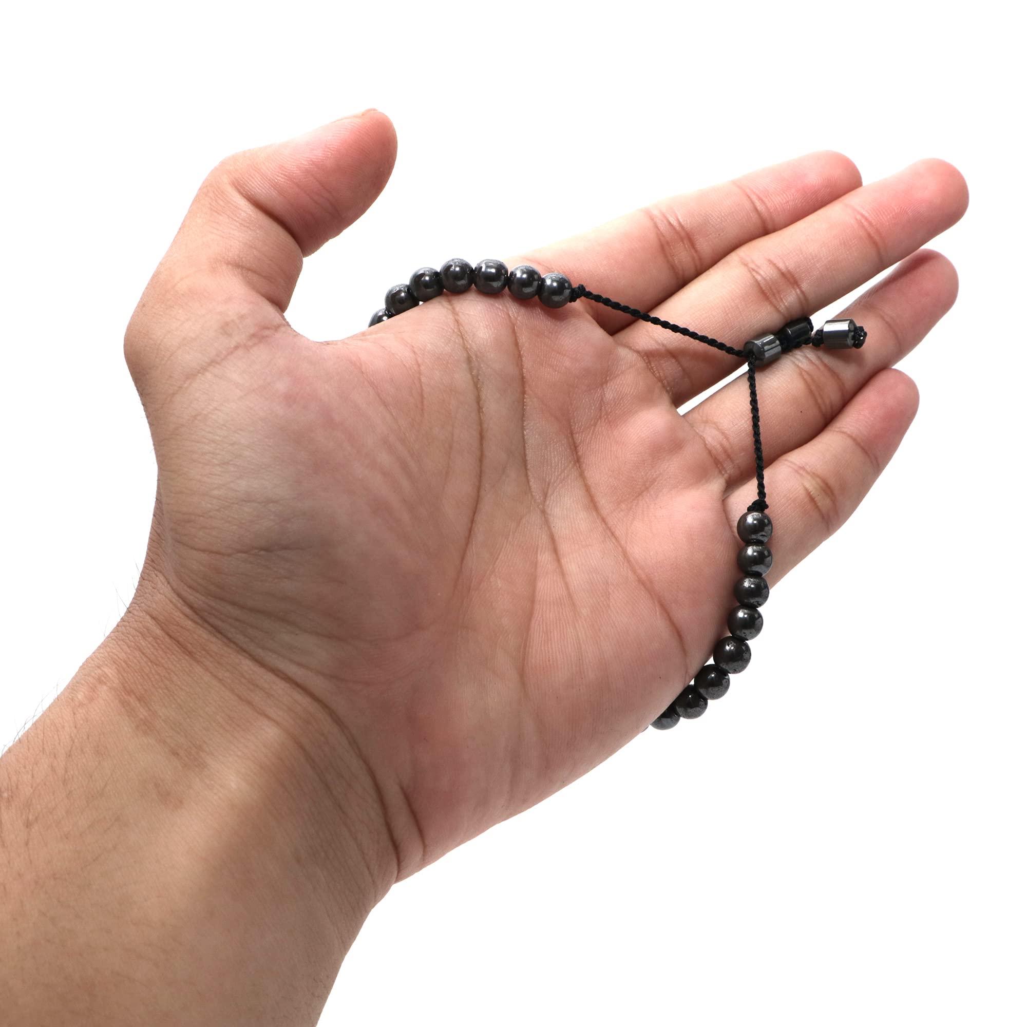 Small Tasbih Bracelet 33-Bead Hematite 6mm Round Beads w/Cylinder Lock and Stops Adjustable