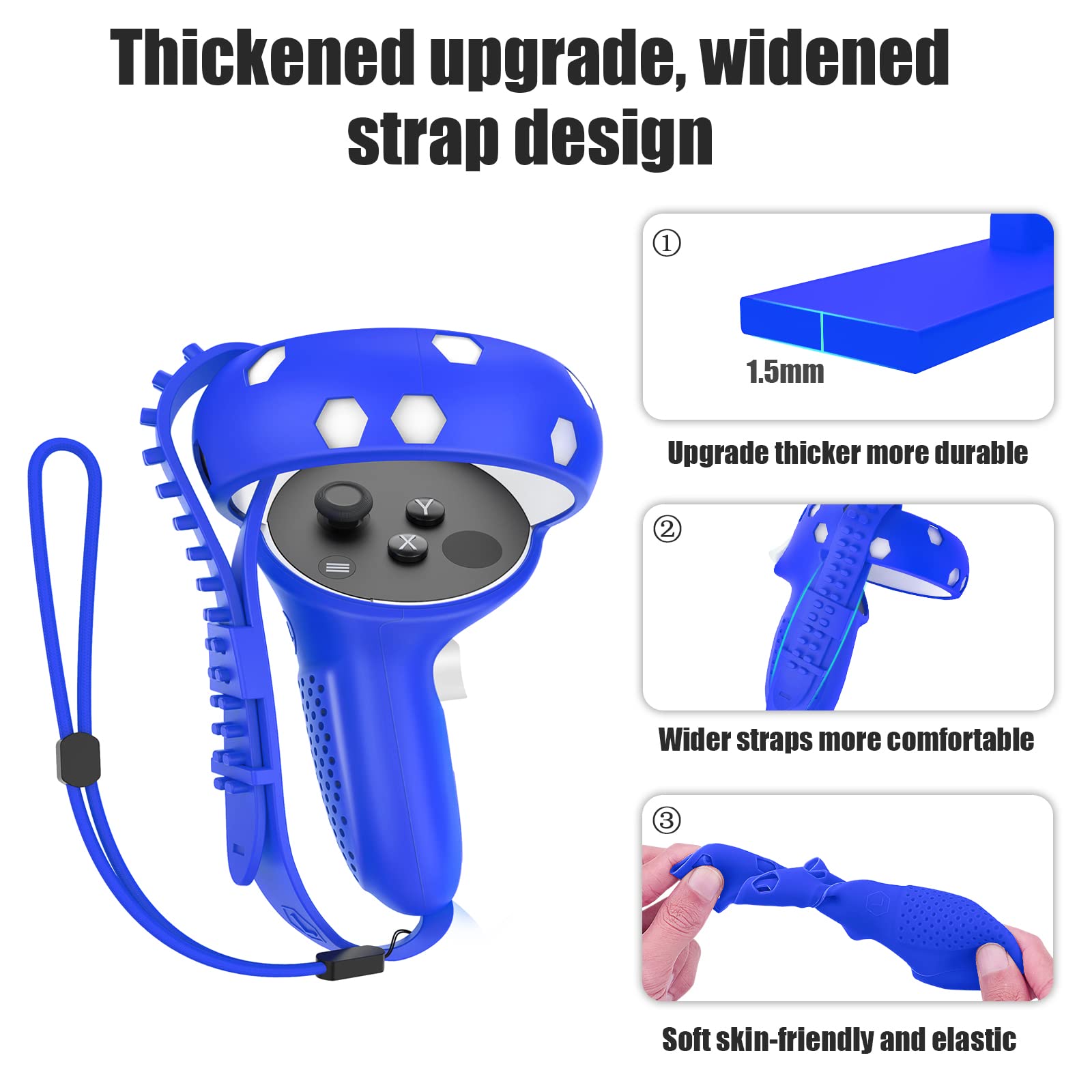 VR Controller Grip Cover, Silicone Face Cover, Protective Lens Cover, Anti-Throw Protector with Adjustable Straps, Full Cover Handle Sleeve for Oculus Quest 2 (navy blue)
