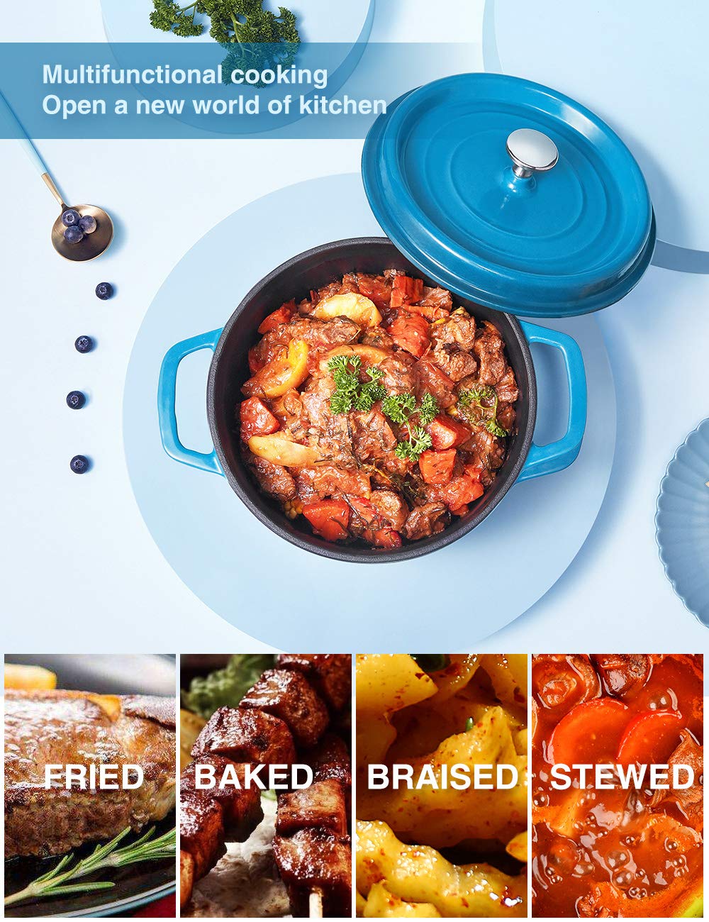 SULIVES Enameled Cast Iron Dutch Oven Non-Stick Bread Baking Pot with Lid Suitable for Bread Baking Use on Gas Electric Oven 5 Quart, Peacock Blue