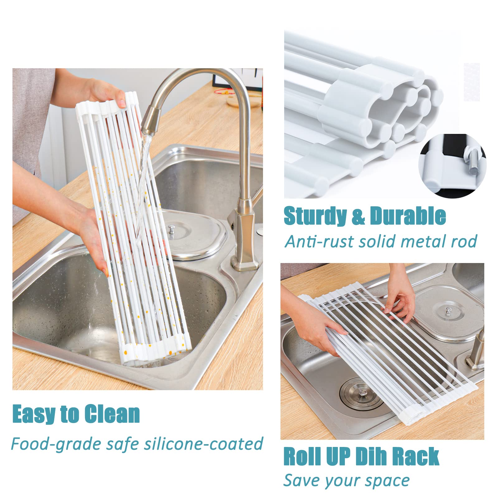 ZOIMINU White Roll Up Dish Rack, Over Sink Dish Drying Rack, Heat-Resistant Anti-Slip Stainless Steel Dish Drainer with Silicone-Coated for Cups Fruits Vegetables - 20.5" x 13.1"
