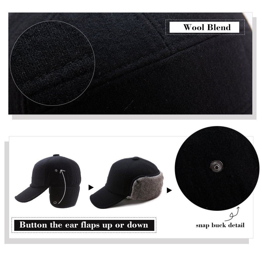 SIGGI Mens Wool Winter Visor Baseball Cap Earflap Hat Faux Fur Ear Warmer Large Black