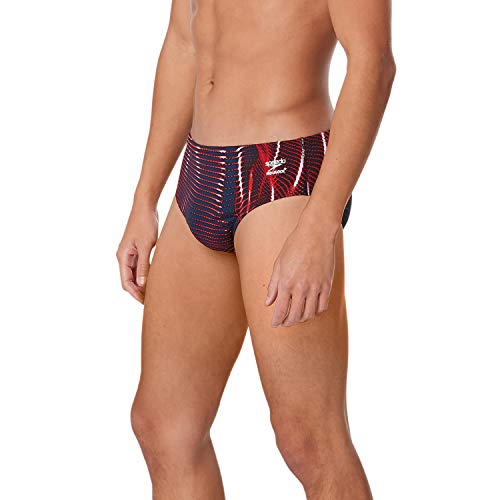 Speedo Men's Standard Swimsuit Brief Endurance+ Printed Team Colors, Solar Red/White/Blue, 38
