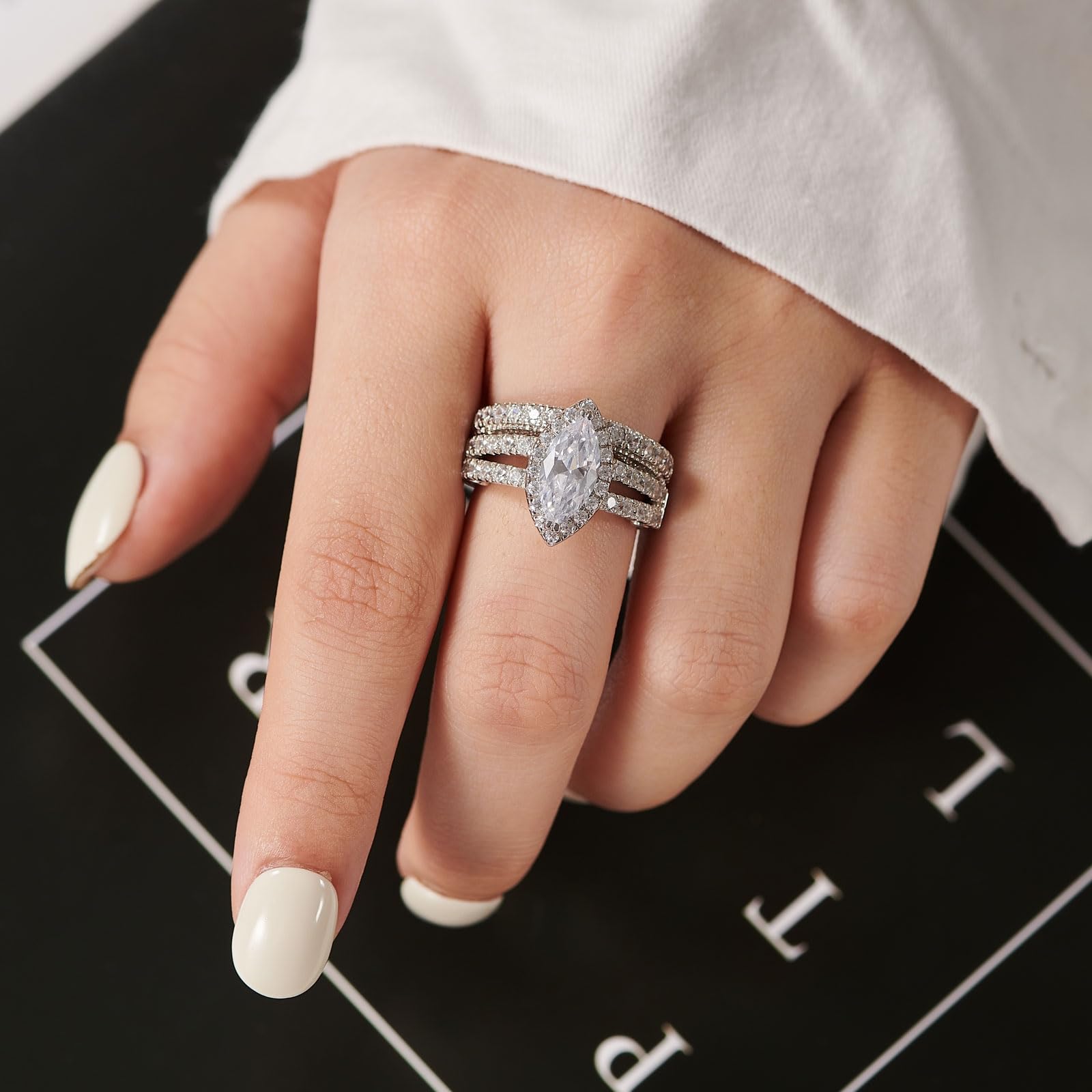 Wuziwen 2 Carats Sterling Silver Marquise Cut Wedding Ring Sets Promise Rings for Women CZ Size 7