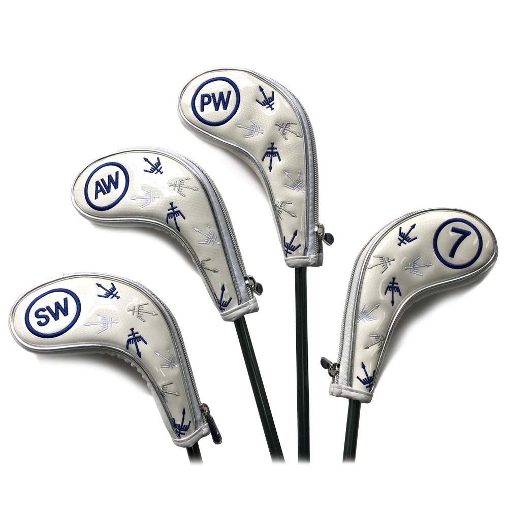 SUNBRO Golf 9pcs (4,5,6,7,8,9,A,P,S) Enamel Luxury Embroidery Greek Culture Poseido Trident Golf Iron Cover Headcovers Head Cover Set Suitable for Right & Left Handed Zipper Closure (WhiteBlue)