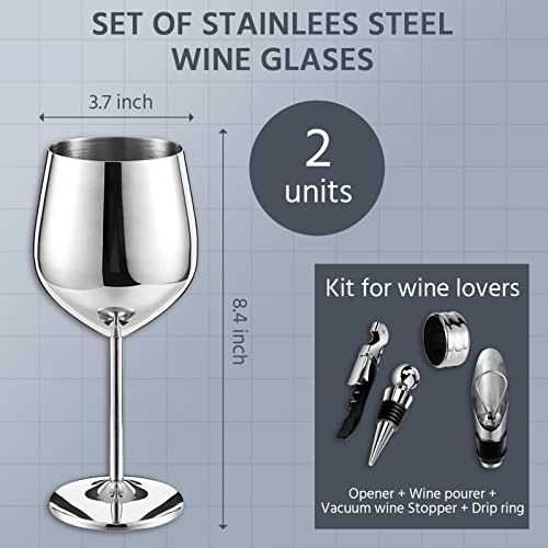 Stainless Steel Wine Glass - 18 oz – Includes 4 Accessories Wine Opener, Wine Pourer, Wine Ring and Corkscrew – Unbreakable - Metallic Wine Glasses - Stainless Steel Goblet – For All Occasions