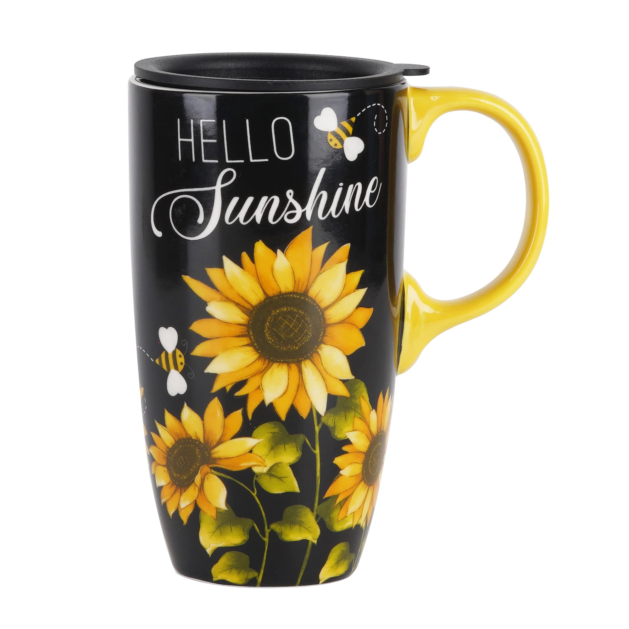 Topadorn Sunflower Ceramic Mug Coffee Cup with Lid and Matching Gift Box Latte Mug,17oz.Hello, Sunshine