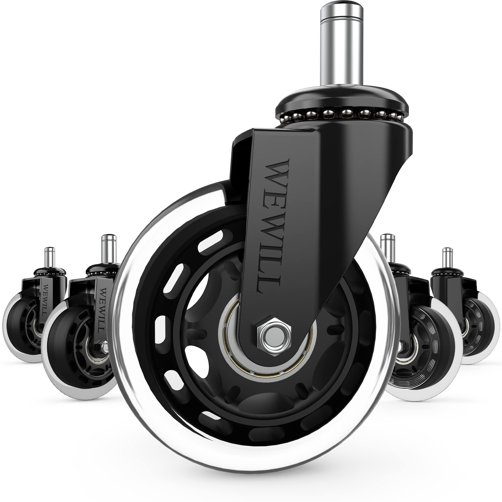 WEWILL Office Chair Caster Wheels 3" Rubber Replacement Chair Casters Up to 300KG Load Capacity Best Protection for Your Hardwood Floors and Carpetďź10MM*22MM)ďź