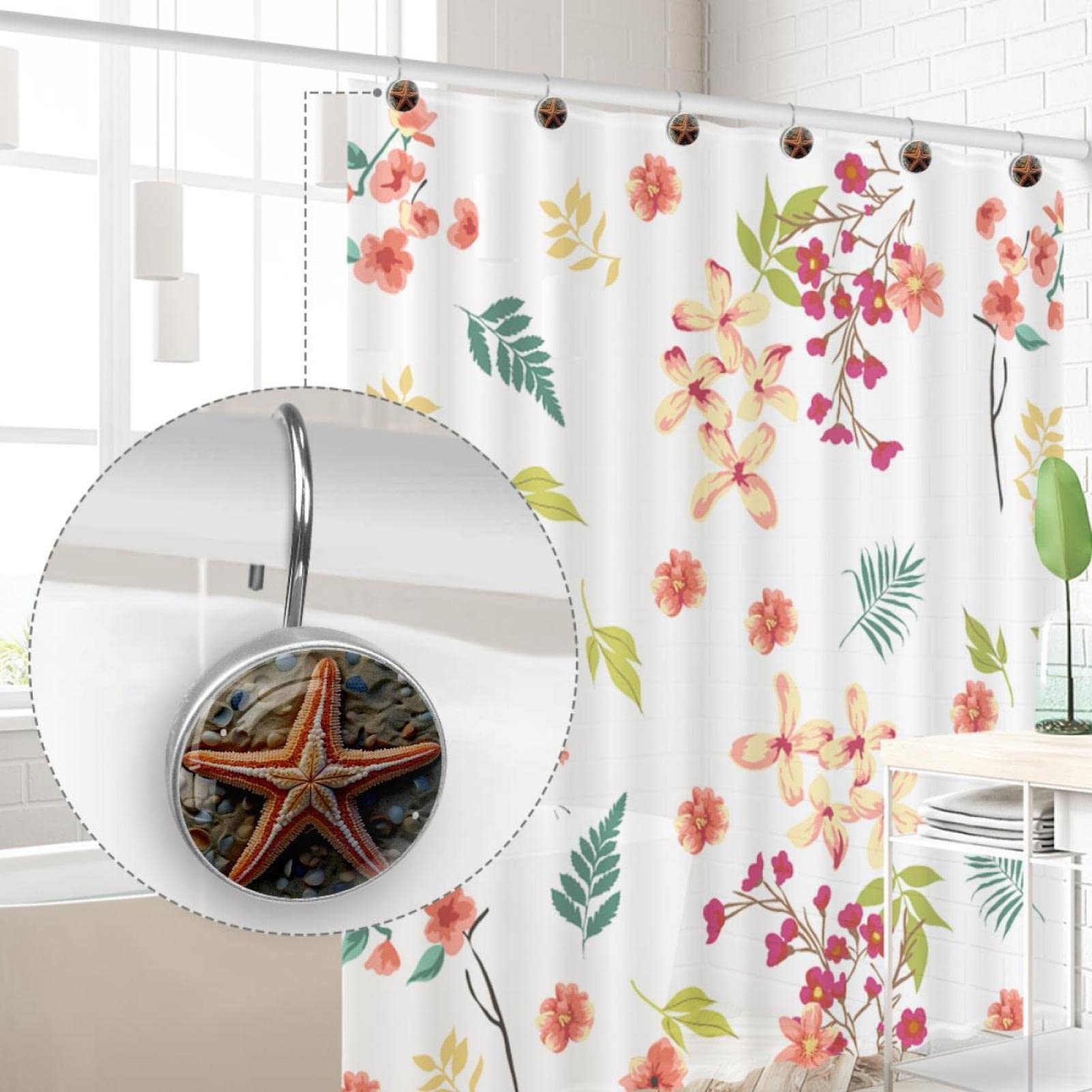 Shower Curtain Hooks Set of 12,Ocean Beach Sea Starfish,Shower Curtain Ring Crystal Glass Bathroom Hook