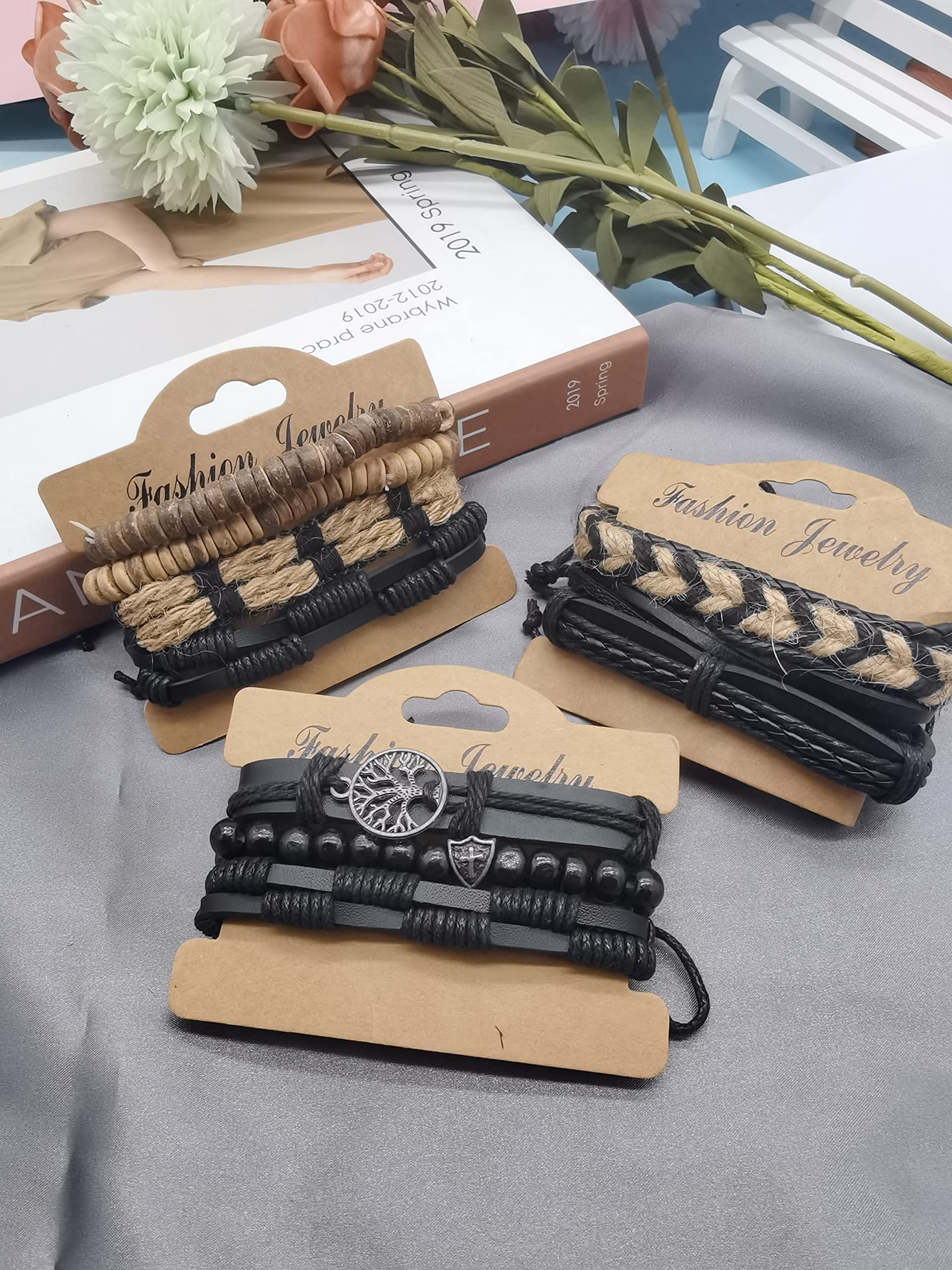 WAINIS 34 Pcs Braided Leather Bracelet for Men Women Stackable Cuff Wrap Wrist Bracelet Adjustable Ethnic Woven Wooded Bead Jewelry Bracelets Pack