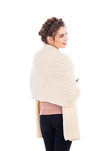 SAOL 100% Irish Merino Wool Warm Classic Cable Wool Wrap (Natural) 67'' x 19'' (170 x 48 cm)