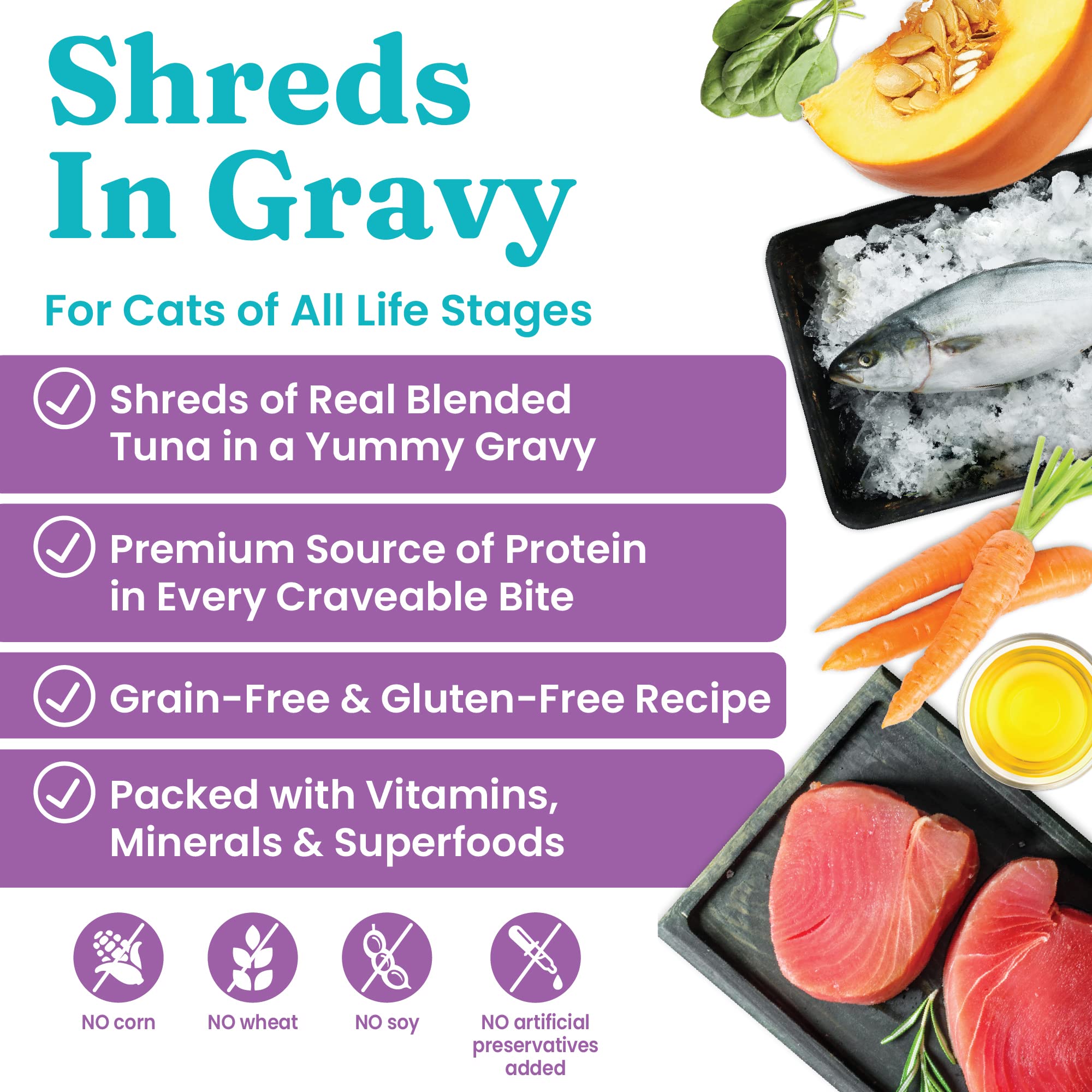 Solid Gold Wet Cat Food Shreds in Gravy - Canned Cat Food Made w/Real Tuna - Five Oceans Grain Free - 24ct/3oz Can