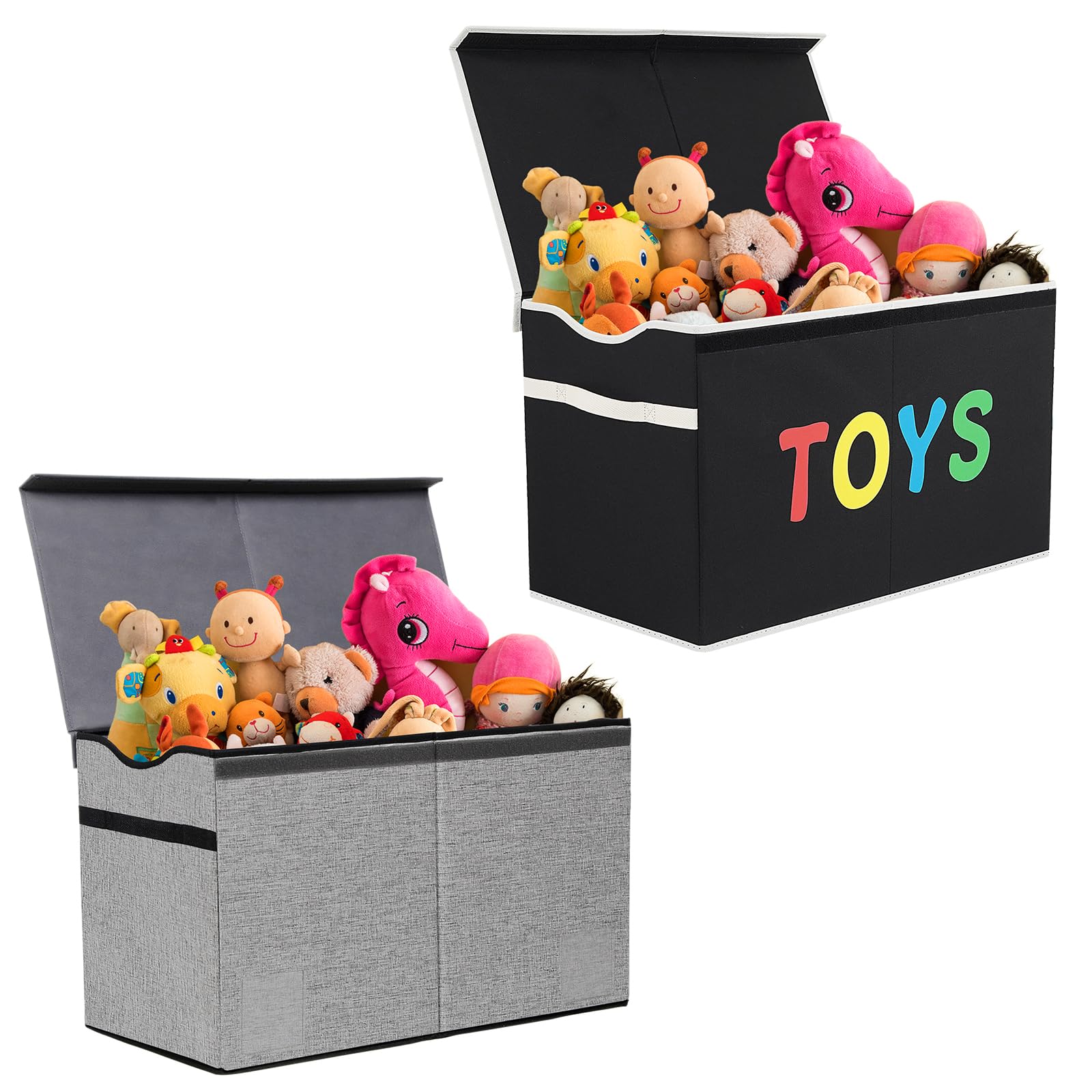 VICTOR'S Kids Toy Box Chest - 2 Pack Large Lightweight Collapsible Toy Storage Organizer Boxes Bins Baskets Thick Grey + Black, 26.8in x 13.8in x 16in