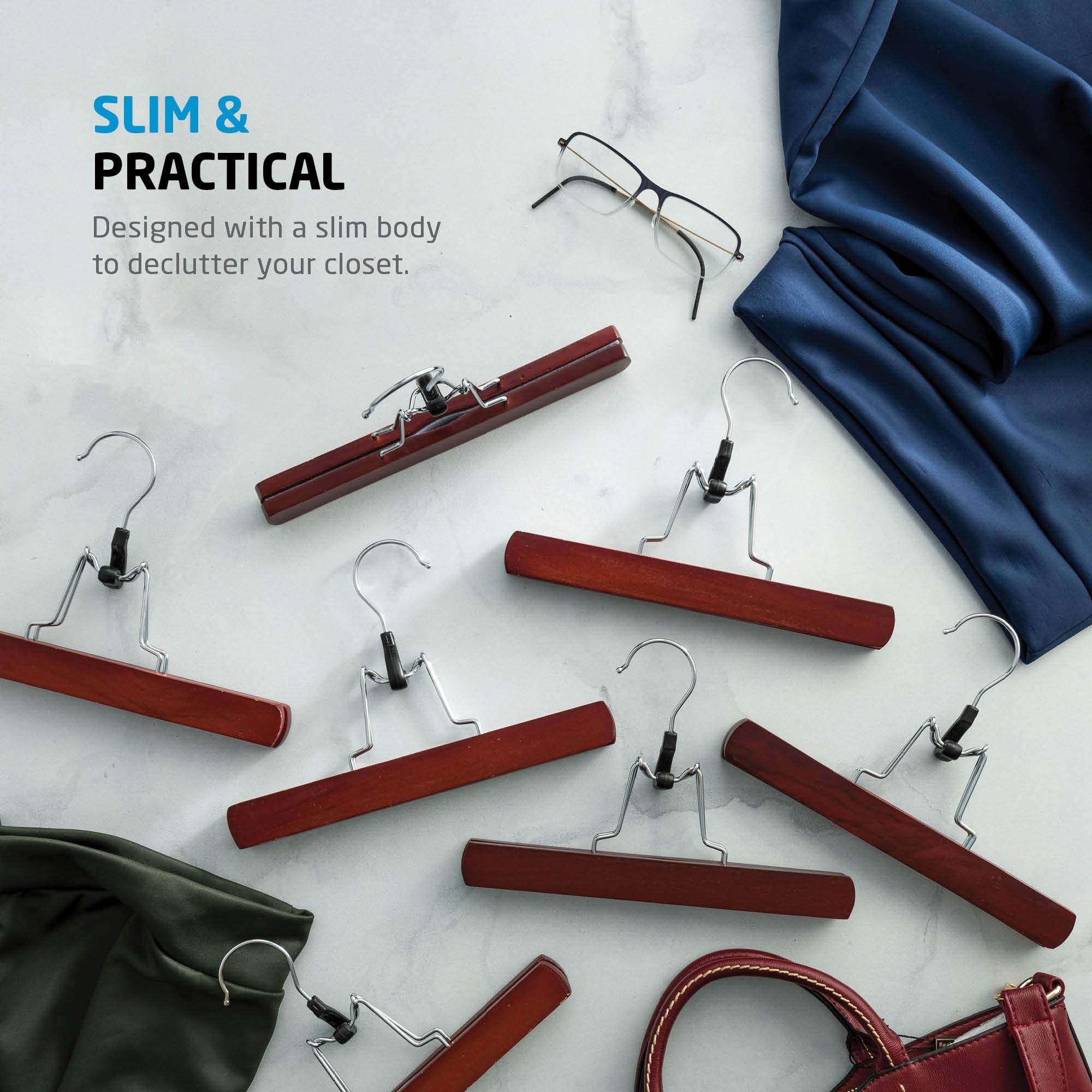 ZOBER High-Grade Wooden Pants Hangers with Clips, 10 Pack, Non-Slip, Space Saver, Rotatable 360 Hook, Smooth Cherry Wood Finish