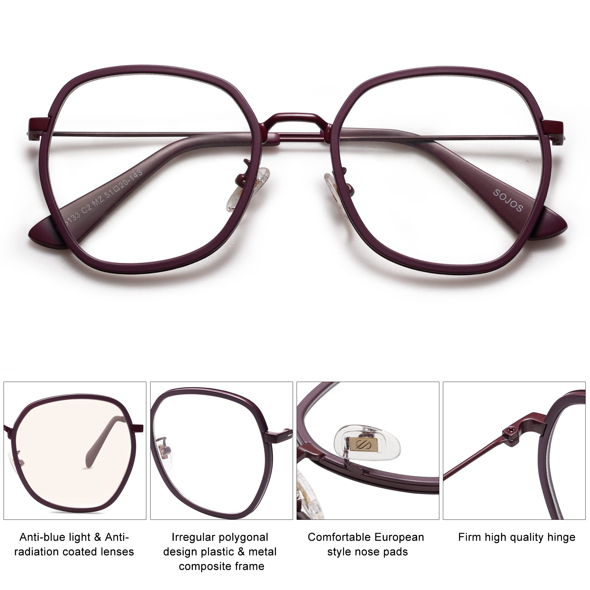 SOJOS Classic Hexagonal Glasses Anti-Blue Light Blocking Eyewear Metal Plastic Frame SJ5133 with Pink Frame/Anti-Blue Light Lens