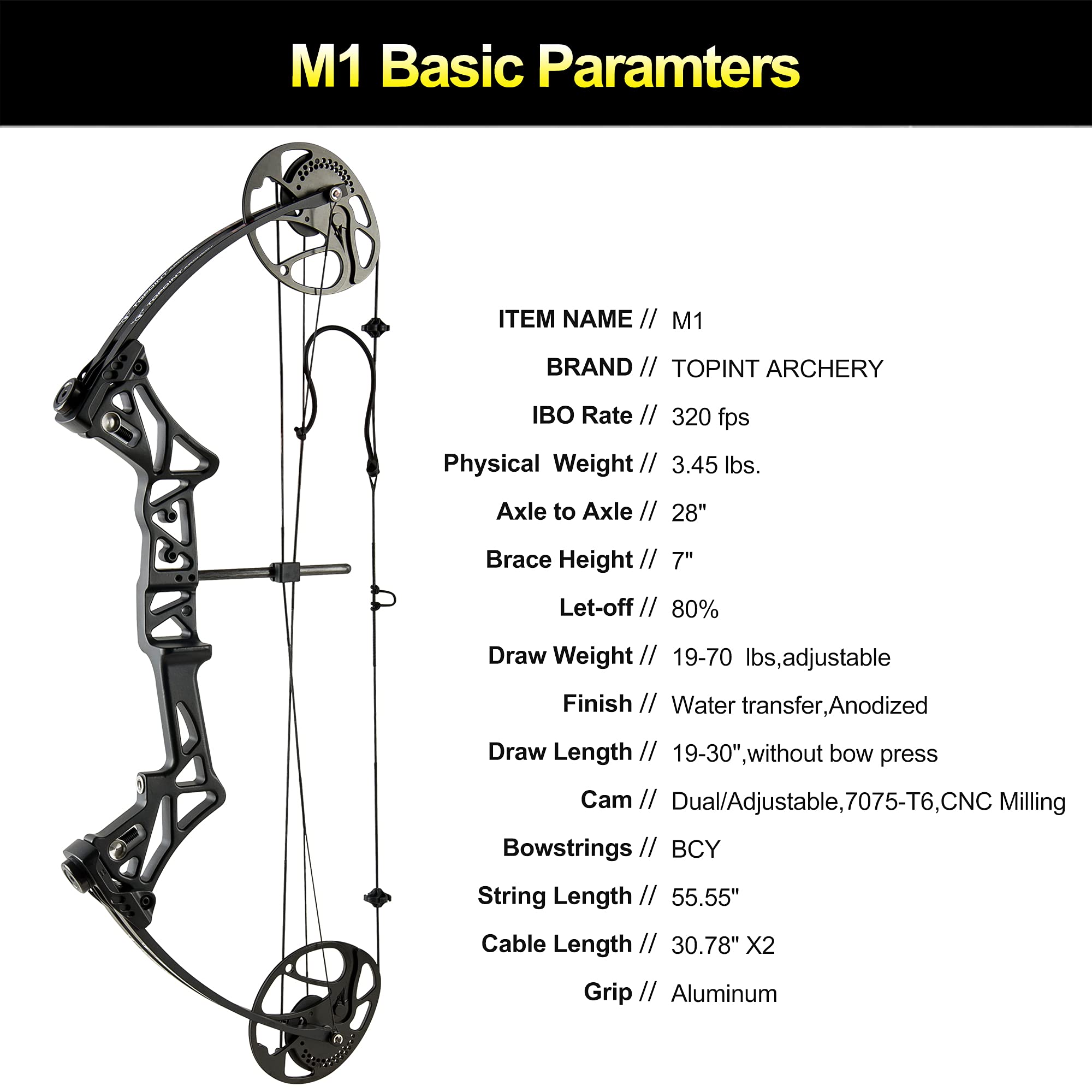 TOPOINTARCHERY M1 Compound Bow Package , 19"-30" Draw Length,19-70Lbs Draw Weight,320fps IBO Limbs Made in USA (Black)