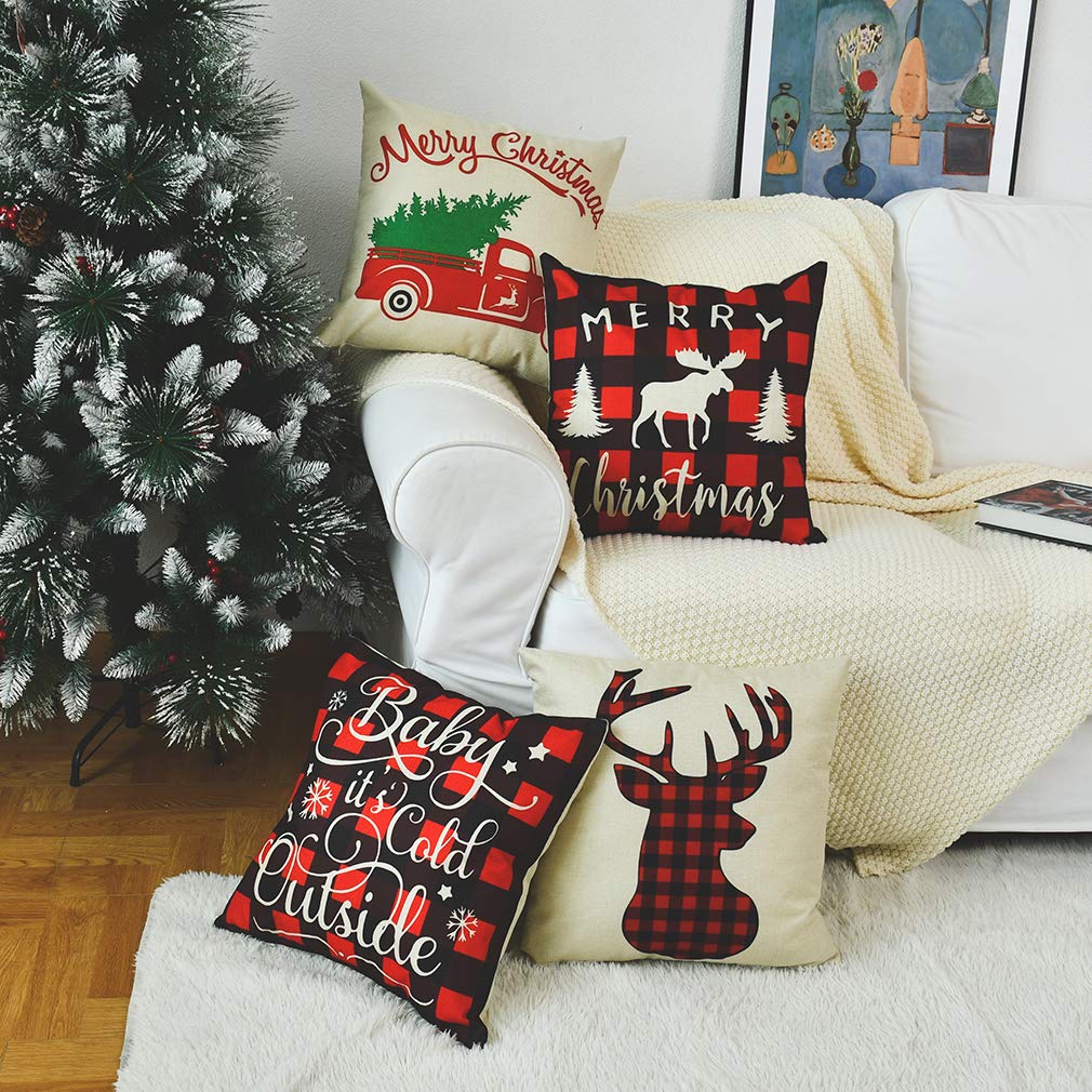 PSDWETS Christmas Pillow Covers Set of 4 Christmas Decorations Cotton Linen Winter Deer Christmas Decor Throw Cushion Cover 18 X 18