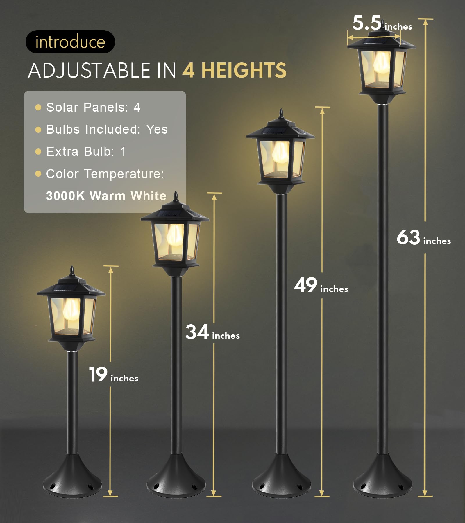PASAMIC 63" Solar Lamp Post Lights 2Pack, Outdoor Post Lights Waterproof, Pole Lights Outdoor, Decorative Floor Lamp for Patio, Warm White, Replaceable Bulb