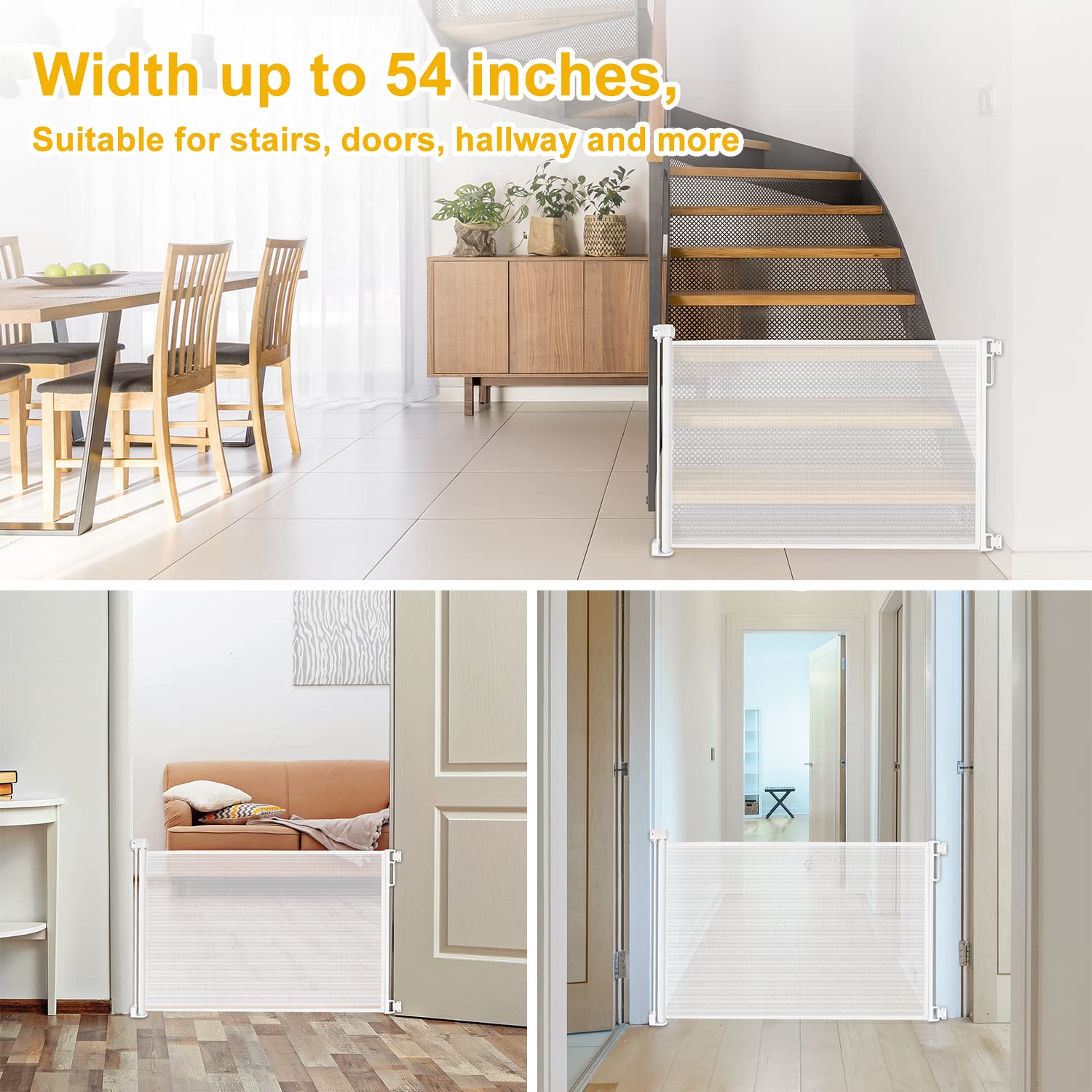 Retractable Baby Gate 54β Tough Durable Mesh Outdoor Retractable Gate Indoor Safety Mesh Baby Gates, Pet Dog Gate