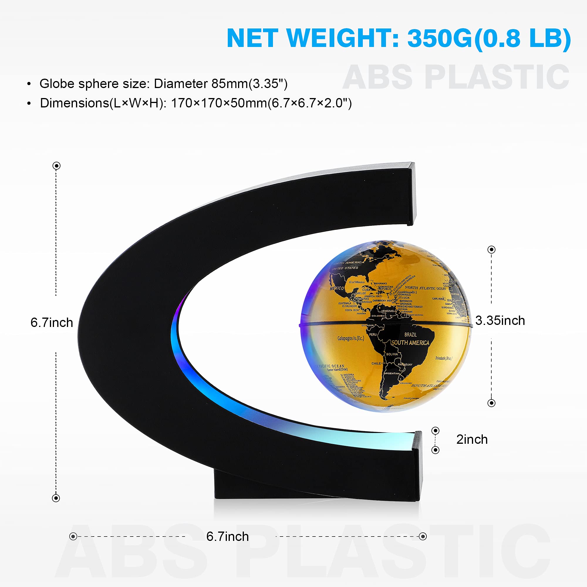 Spolehli Magnetic Globe, 3 Inch Levitation Floating Globe with LED Lights, World Map Globe with C Shape Base, Good Gifts for Students Men Fathers Teachers Birthday Gift Present (Golden)
