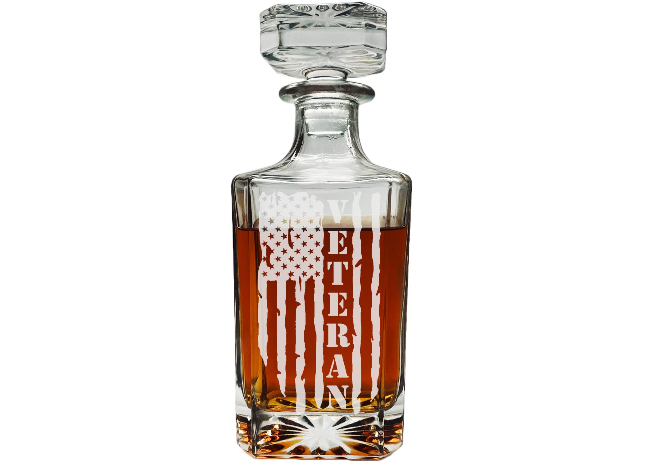 Veteran American Tattered Flag USA Patriotic Whiskey Decanter With Glass Stopper Custom Gift For Men Dad Veteran Father's Day