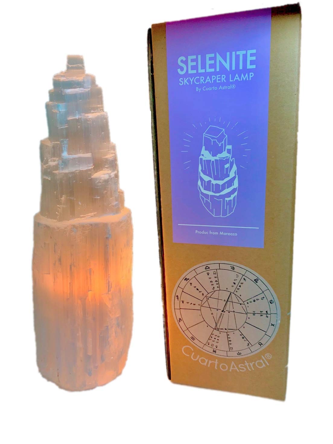 Selenite Skyscraper by CuartoAstral (Medium) Healing Stone Activated by Reconnective Energies - Cleansed by Exposure to Healing Frequencies - Harmonizer - Protection - Peace - LED Bulb and White Cord
