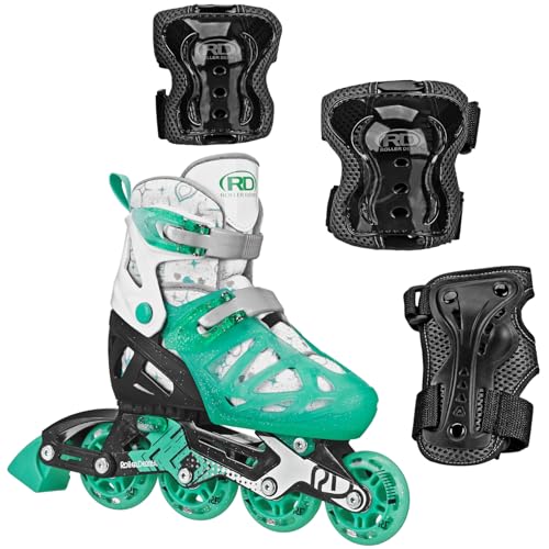 Roller Derby Tracer Girlās Adjustable Inline Skates with Protective Gear, Adjustable Sizing, Tri-Pack Protective Gear Included