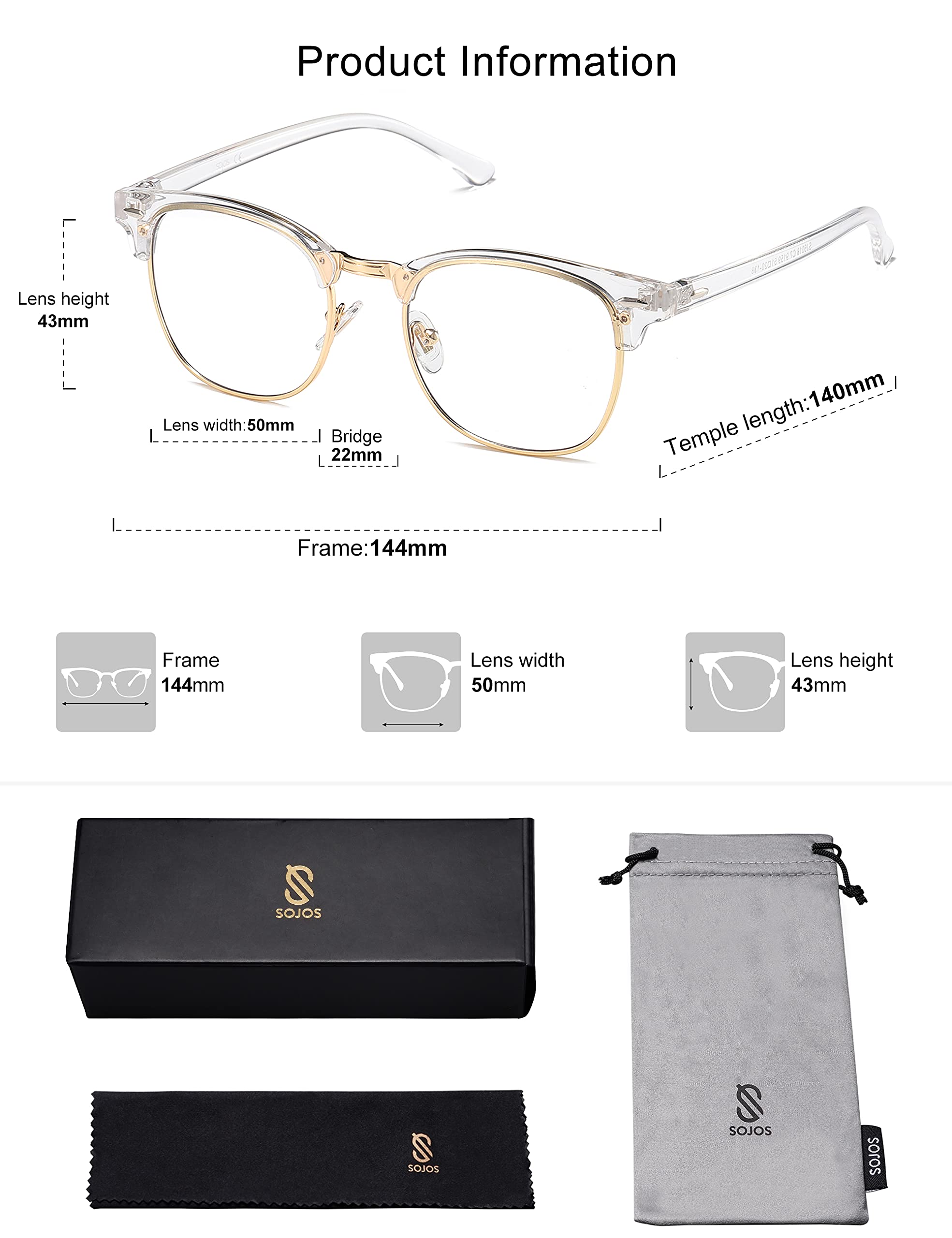 SOJOS Retro Semi Rimless Blue Light Blocking Glasses Half Horn Rimmed Eyeglasses SJ5018, Clear Grey Frame/Silver Rim