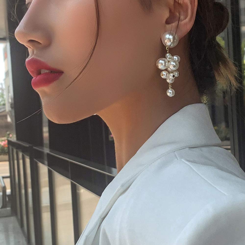 Xerling Charm Pearl Earrings Elegant Dangle Hoop Earrings Pearl Cluster for Women Dangle Drop Stud Earrings