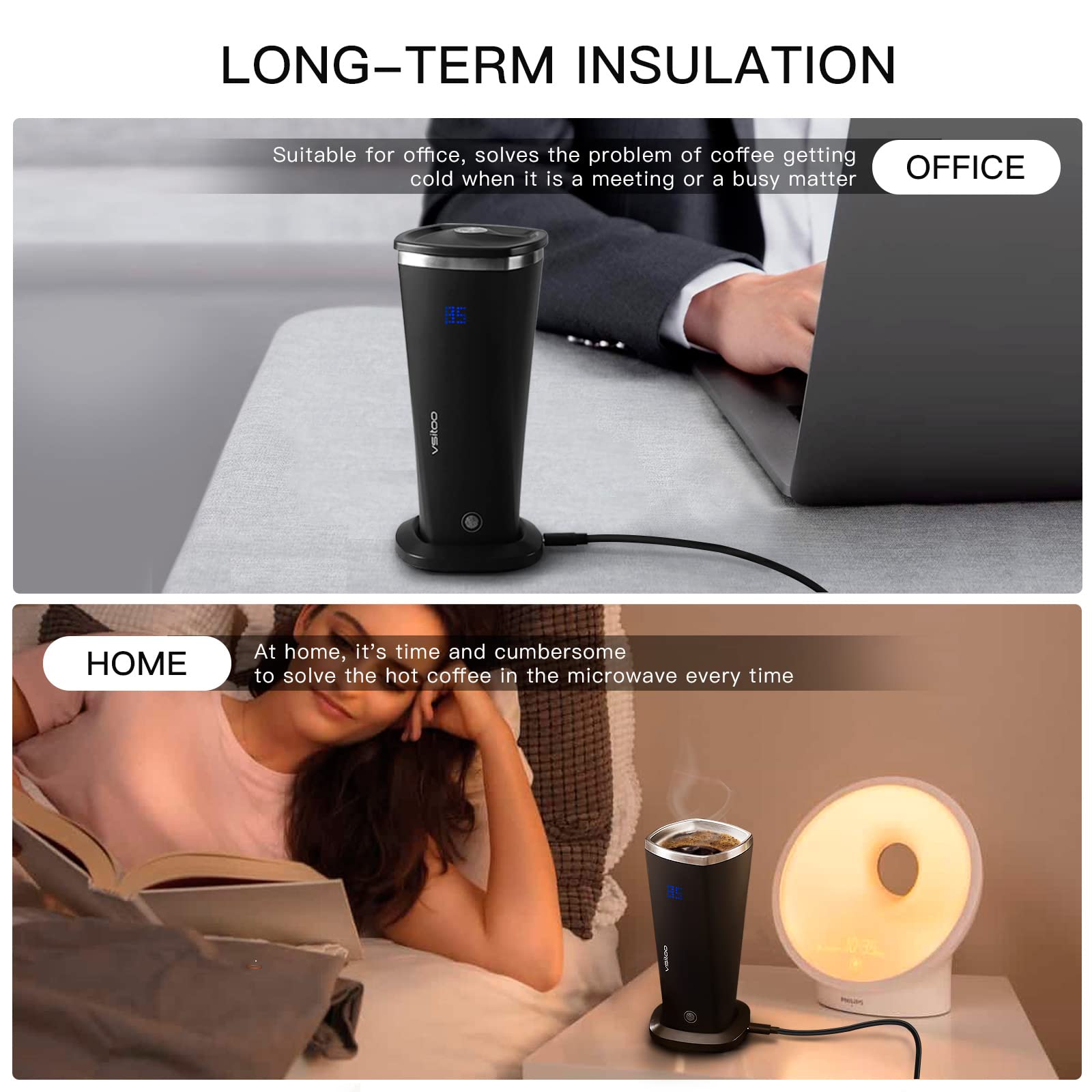 VSITOO Coffee Mug Warmer & Mug Set, Beverage Cup Warmer for Desk Home Office Use, Heated Coffee Mug with Lid, Coffee gift, Touch Tech & LCD Digital Display, IPX7-Waterproof, All Day Battery Life, 12oz