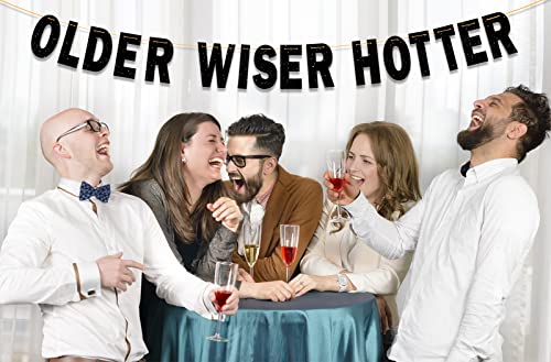 Ushinemi Black Older Wiser Hotter, Funny Birthday Banner for Men Women, Glitter Birthday Party Decorations