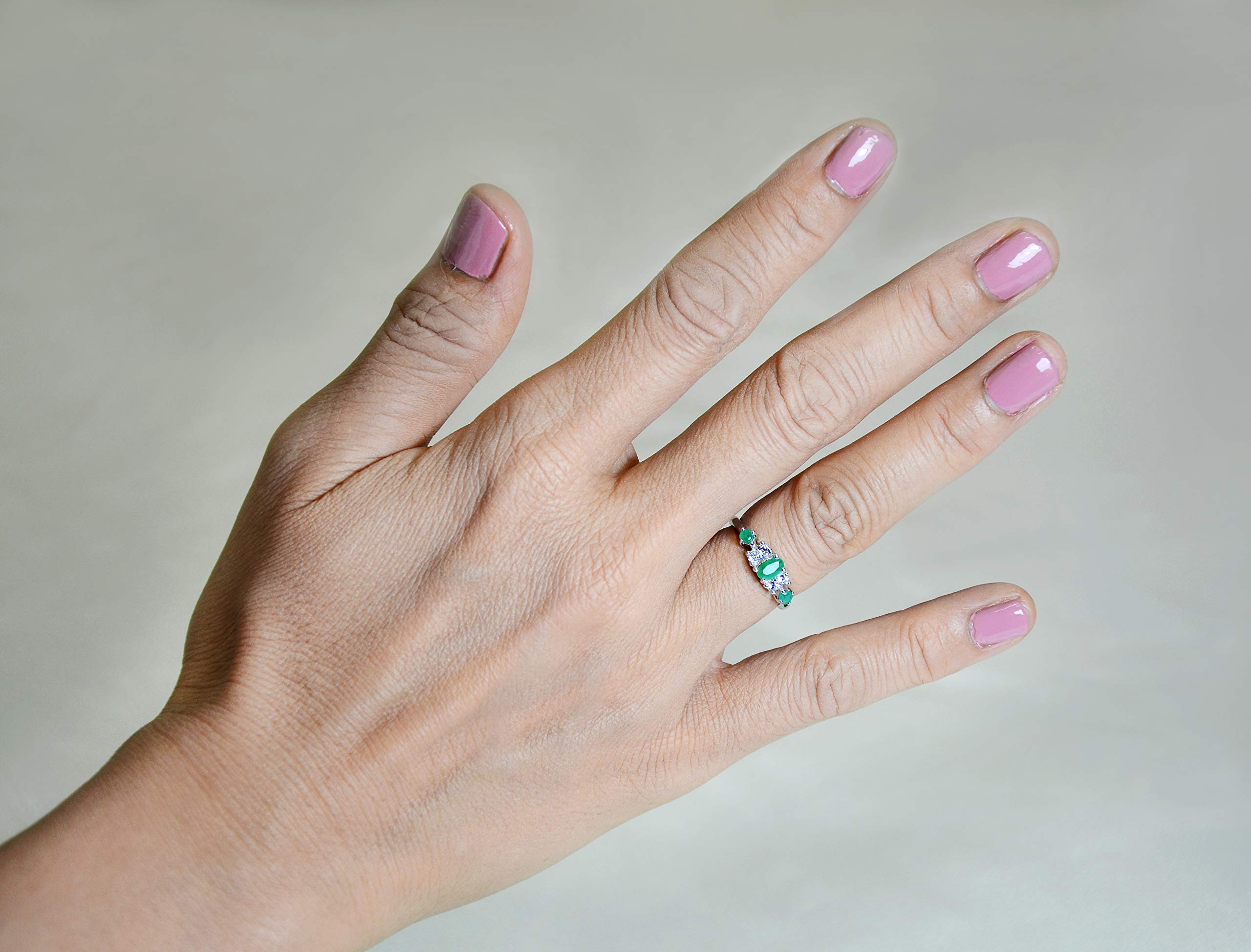 RB Gems Sterling Silver 925 Dainty Band Ring Genuine Gems Oval 5x3 mm, 0.54 ctw Rhodium-Plated Finish (Emerald, 8)